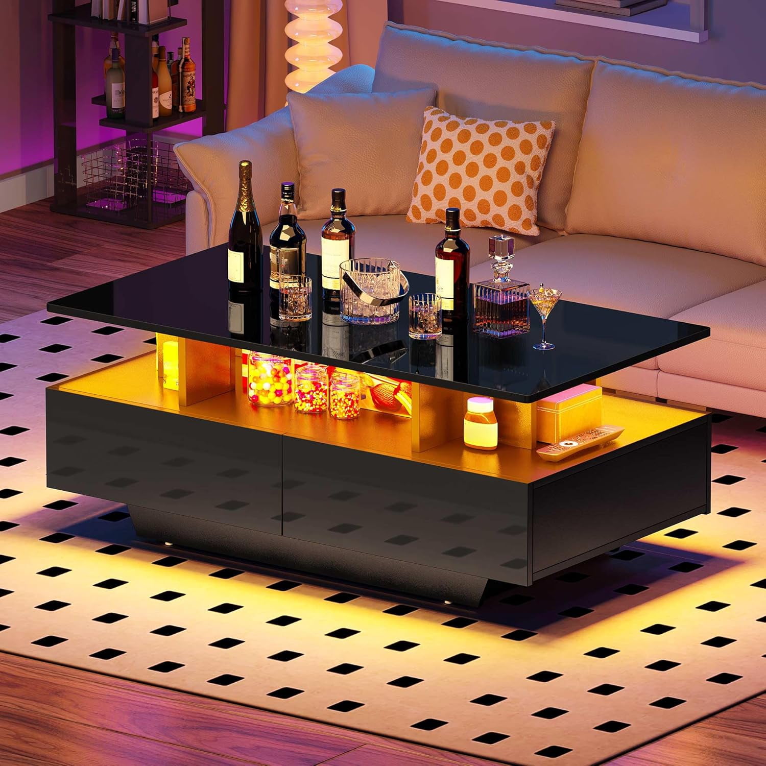LED Coffee Table with Storage 4 Drawers, Modern High Glossy Coffee ...