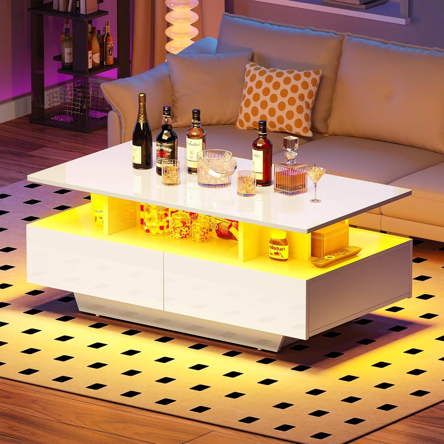 LED Coffee Table with Storage 4 Drawers, Modern High Glossy Coffee ...