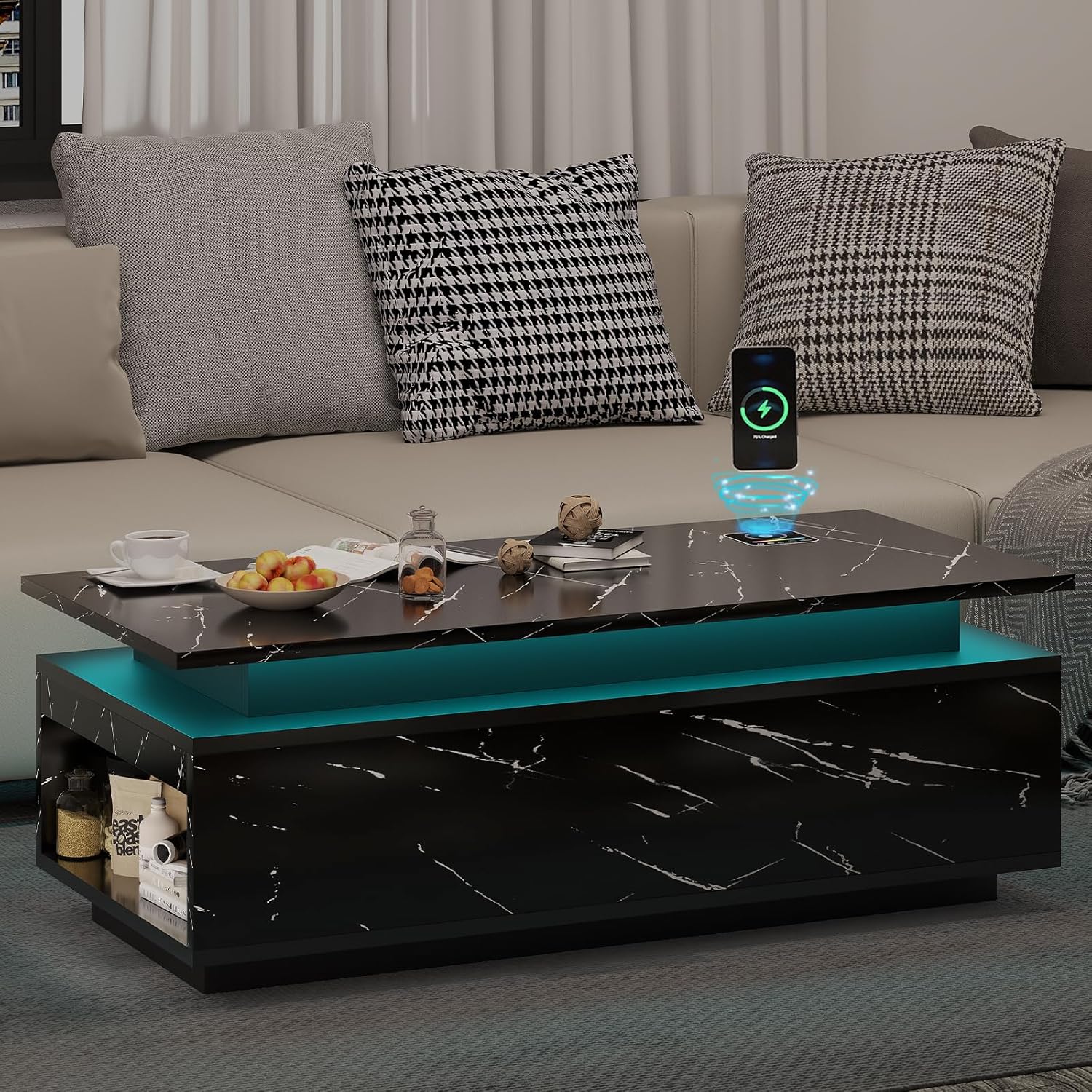 LED Coffee Table with Storage, Black Coffee Table with Wireless ...