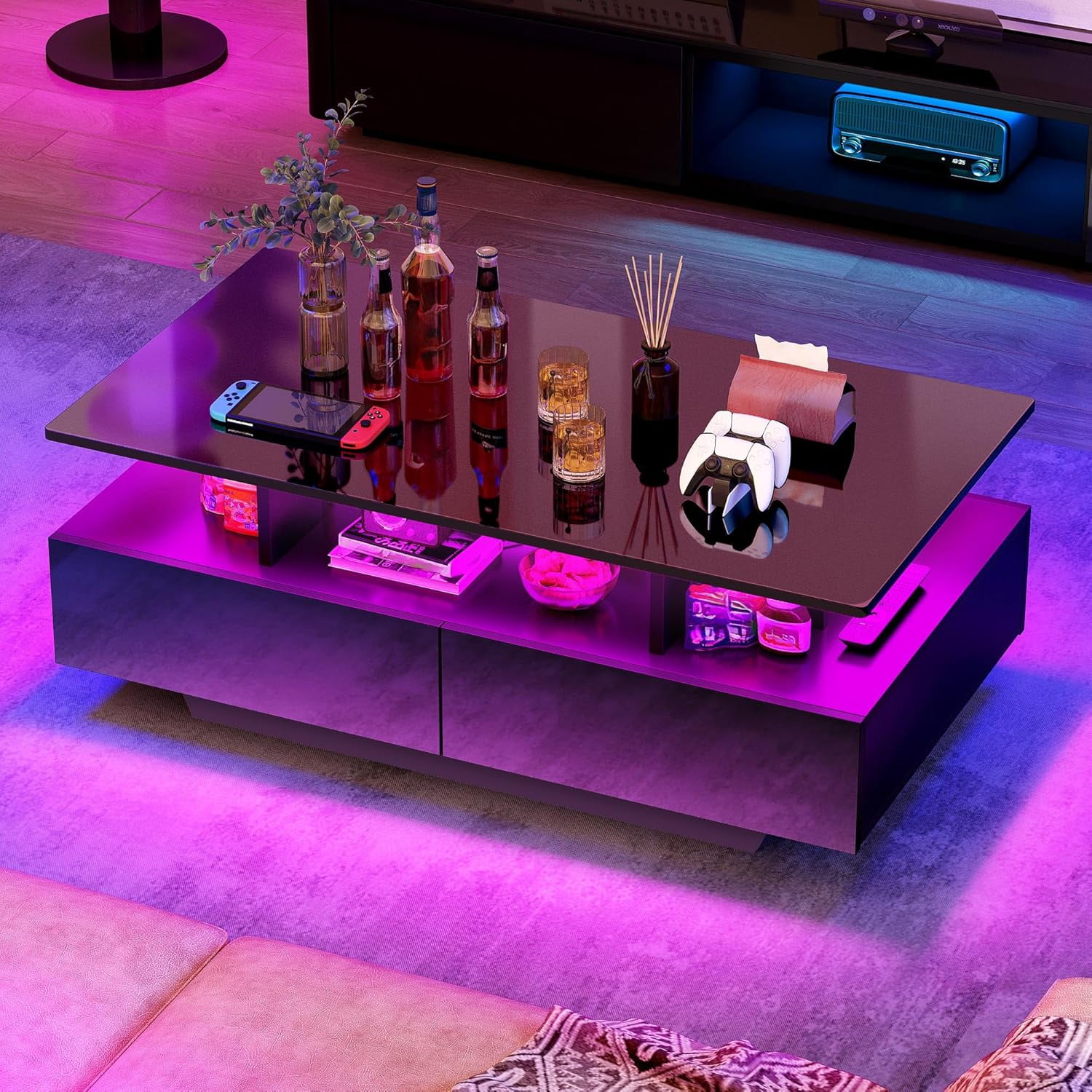 LED Coffee Table with Storage, High Glossy LED Coffee Tables for Living ...