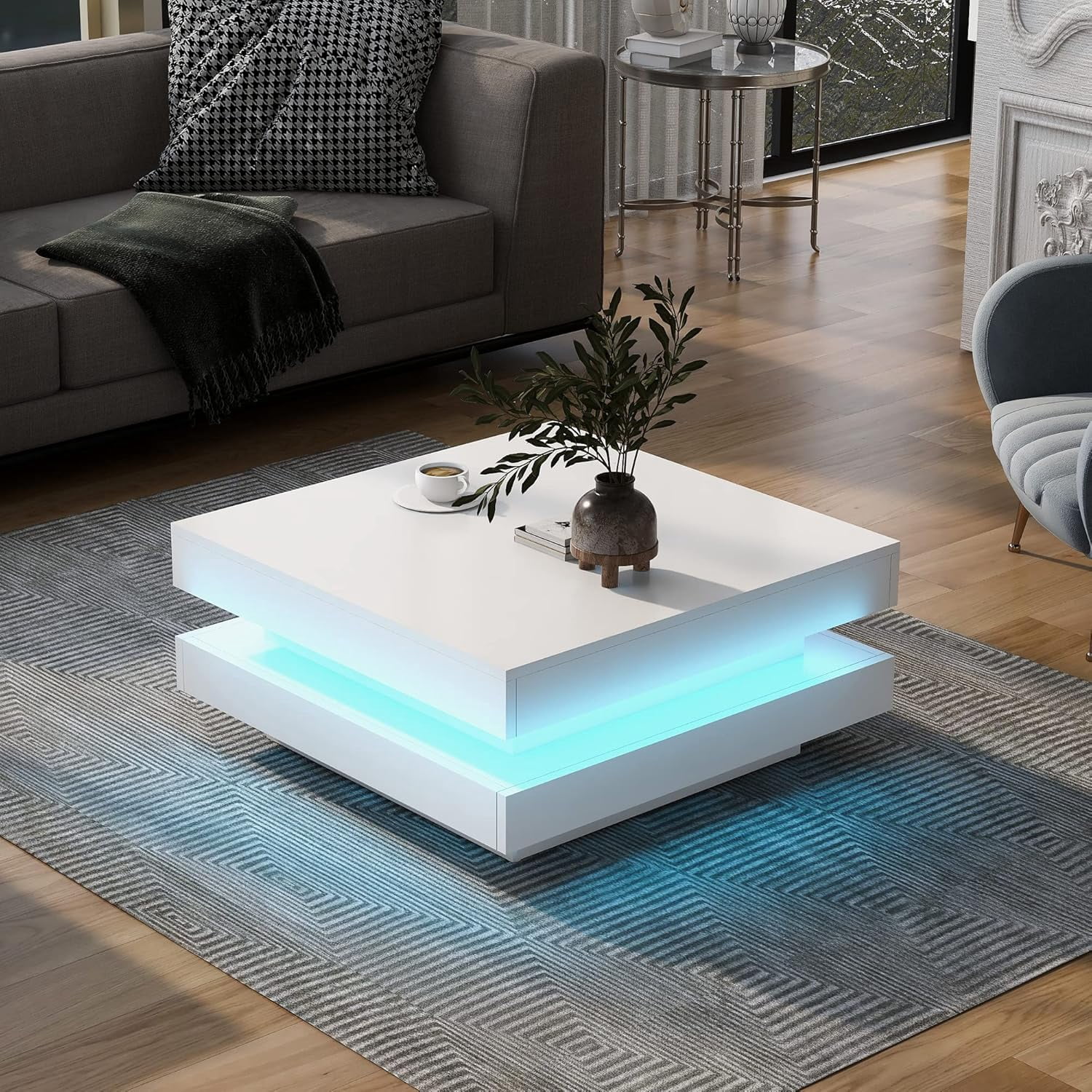LED Coffee Table for Living Room, 2-Tier Modern Middle Center Table ...