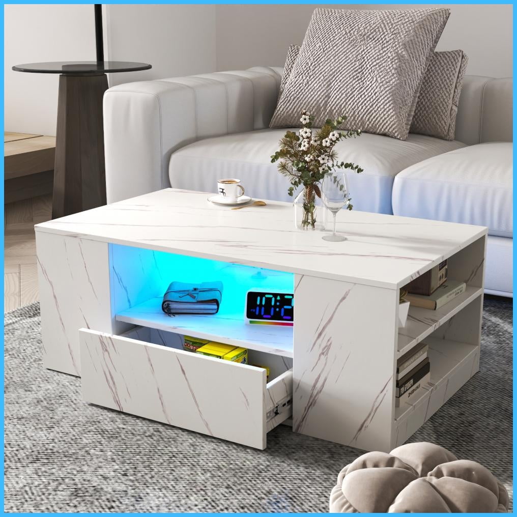 LED Coffee Table for Living Room - Small Storage Table with 2 Drawers ...