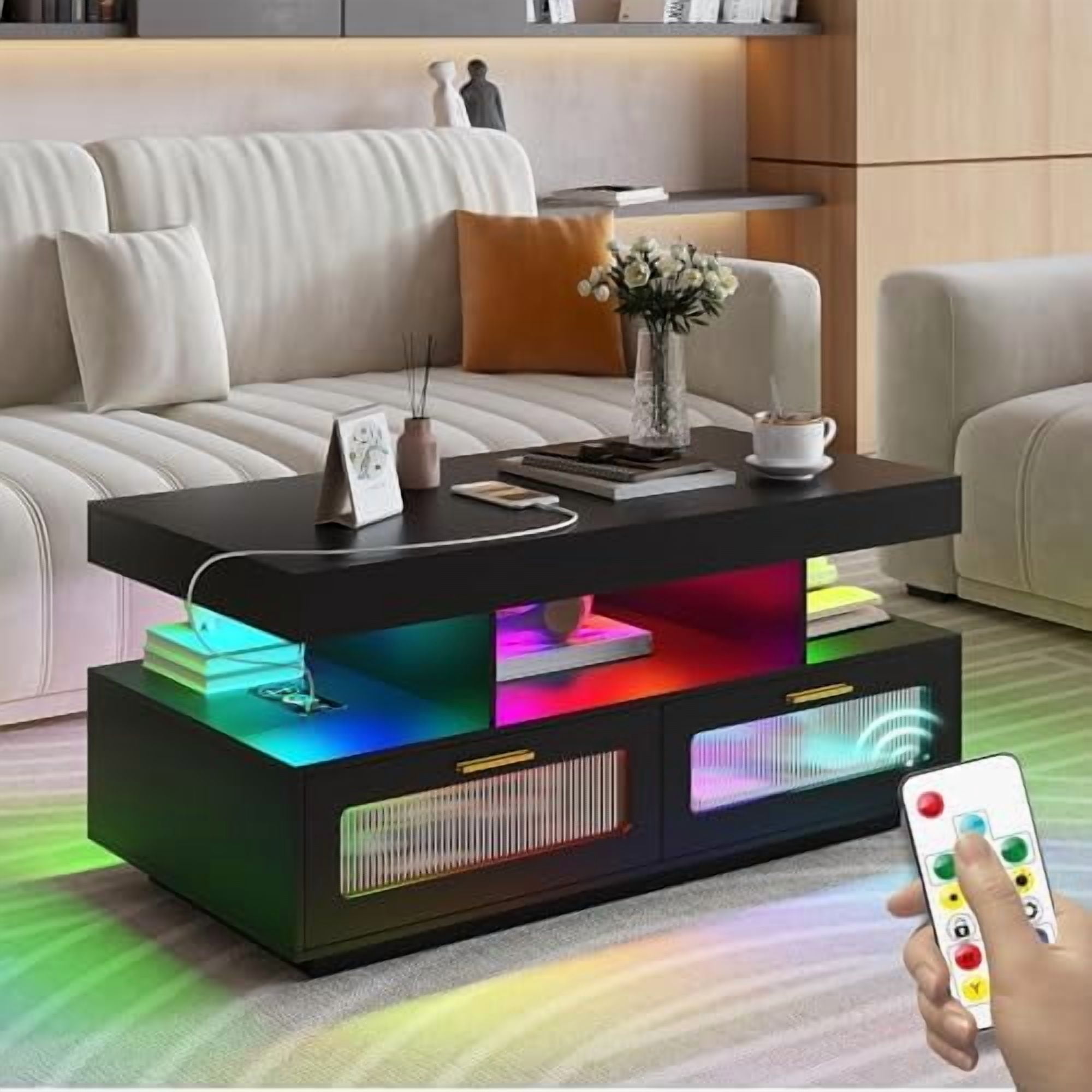 LED Coffee Table with Charging Station, Modern Low Coffee Tables with ...