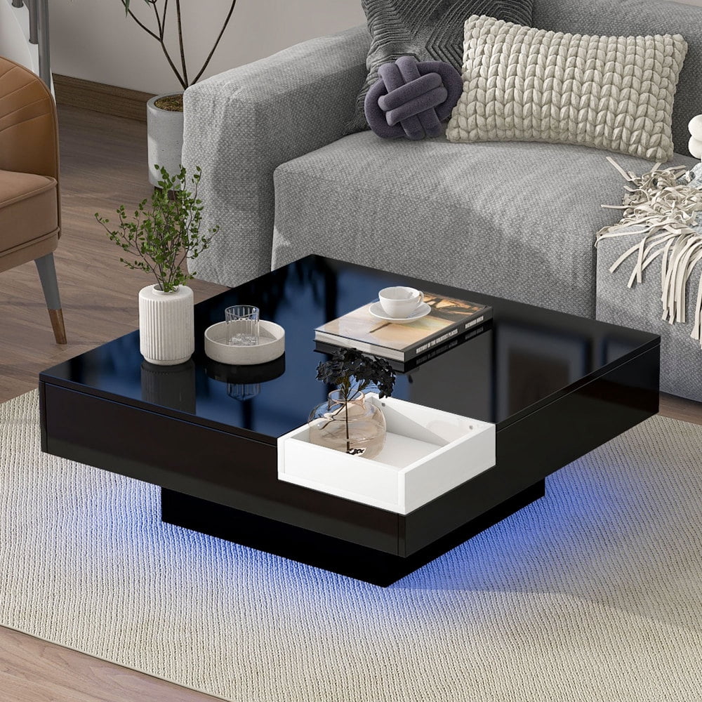 LED Coffee Table with Remote Control, Modern Square Cocktail Table with ...