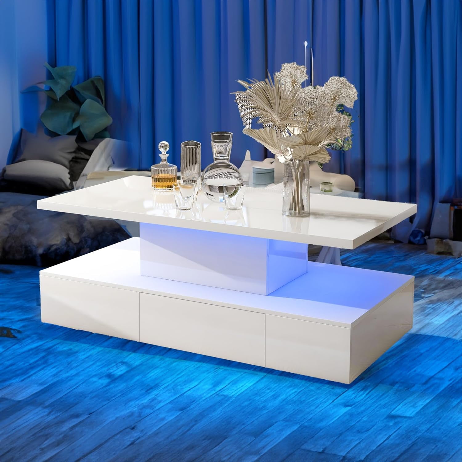 LED Coffee Table with Storage, Center Table with Open Display Shelf ...