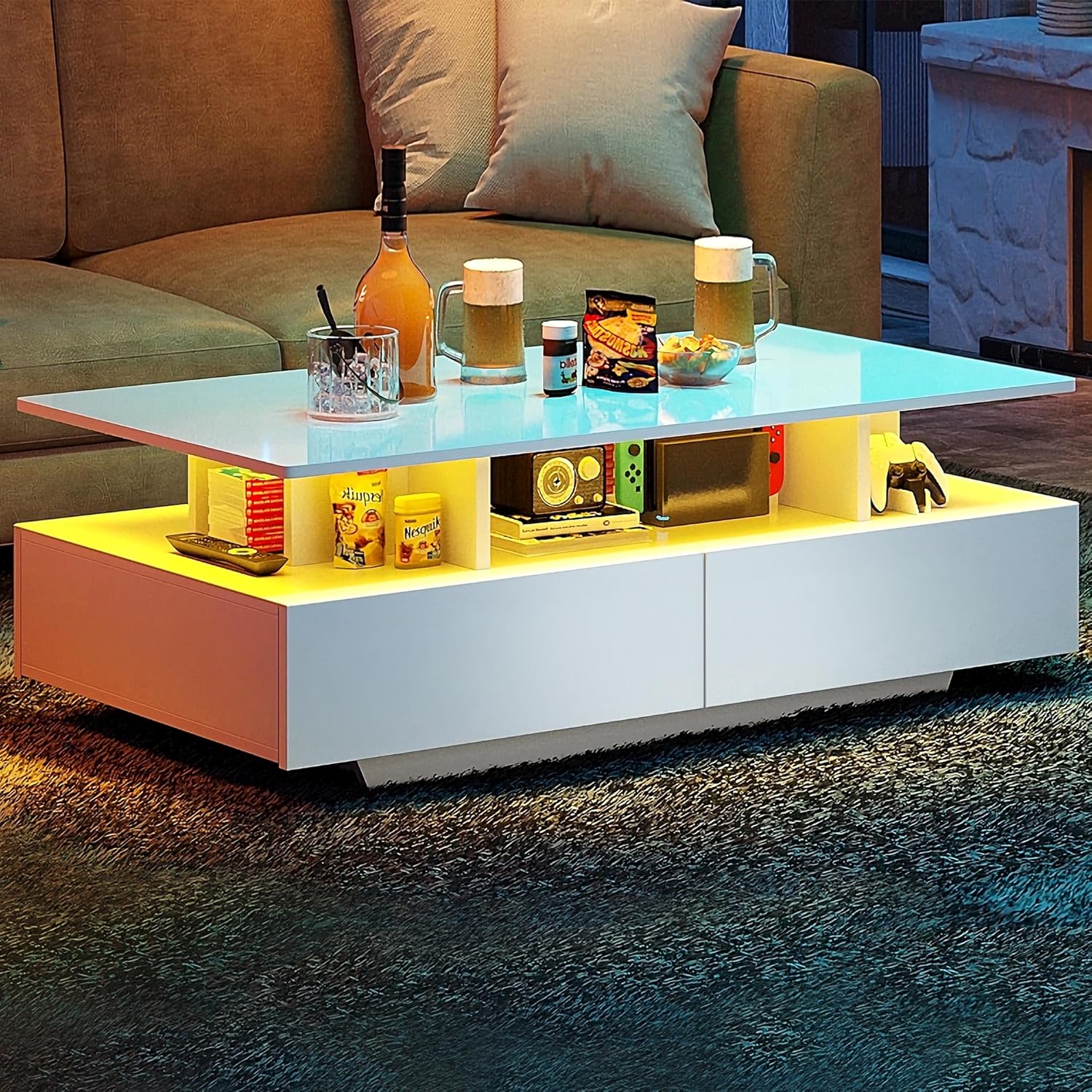 LED Coffee Table with Storage, High Glossy LED Coffee Tables for Living ...