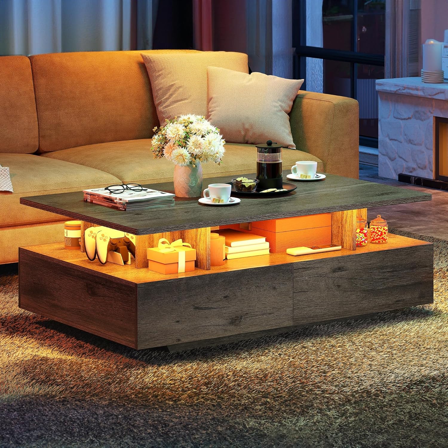LED Coffee Table with Storage, High Glossy LED Coffee Tables for Living ...