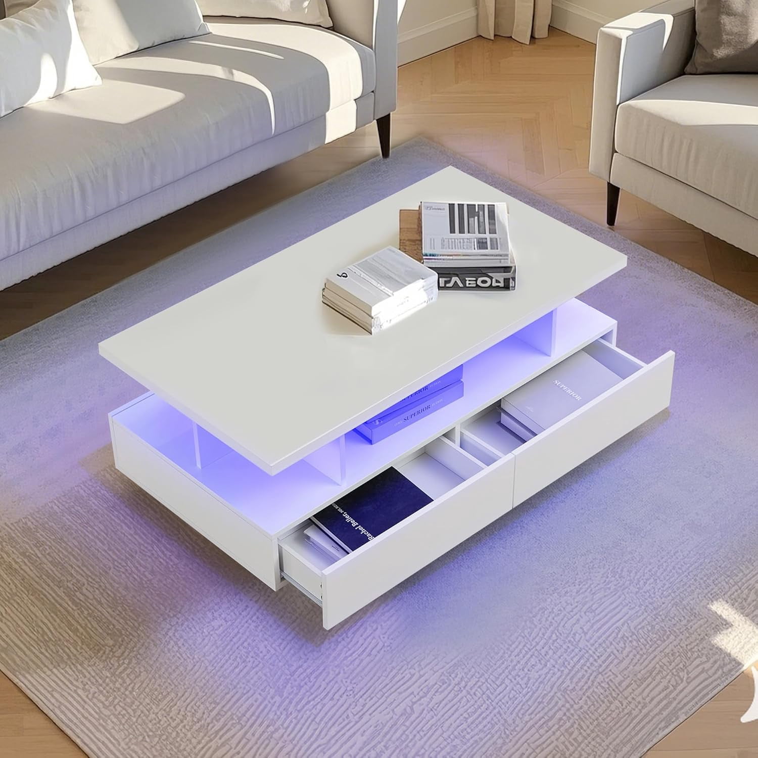 LED Coffee Table with Storage Modern High Gloss Coffee Table with 4 ...