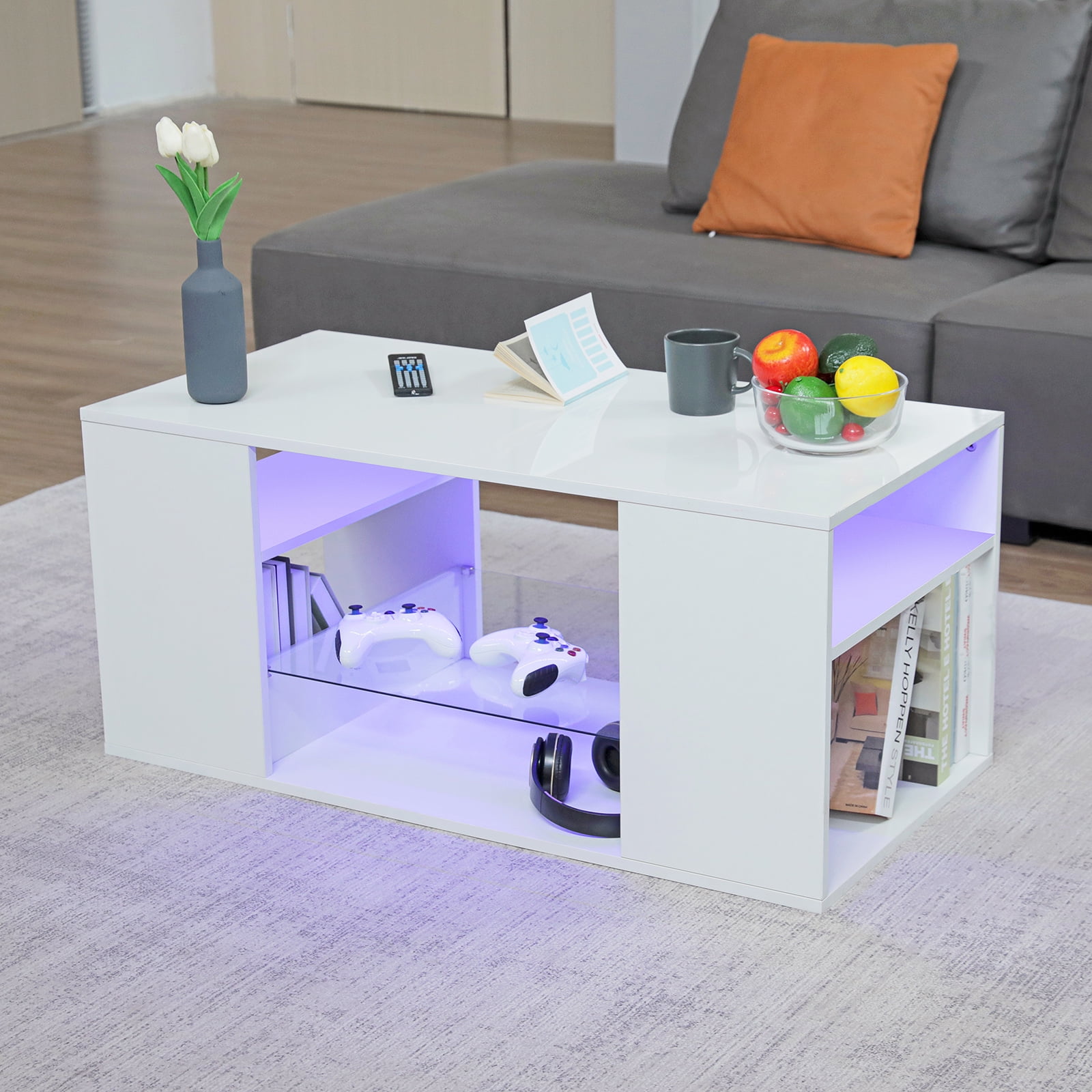 LED Coffee Tables Cocktail Table with Open Storage Shelf High Gloss ...