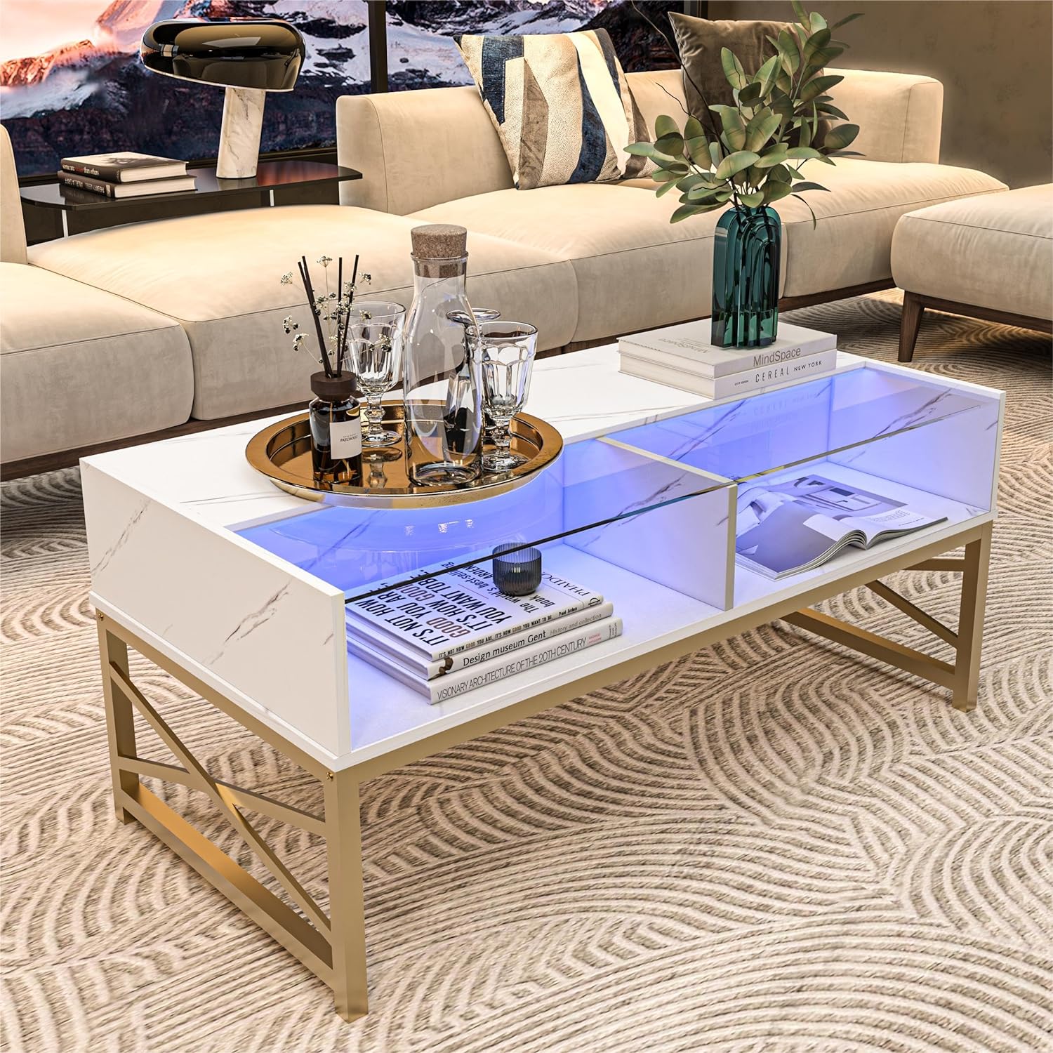 LED Coffee Tables for Living Room 42 inches Center Table, Modern White ...
