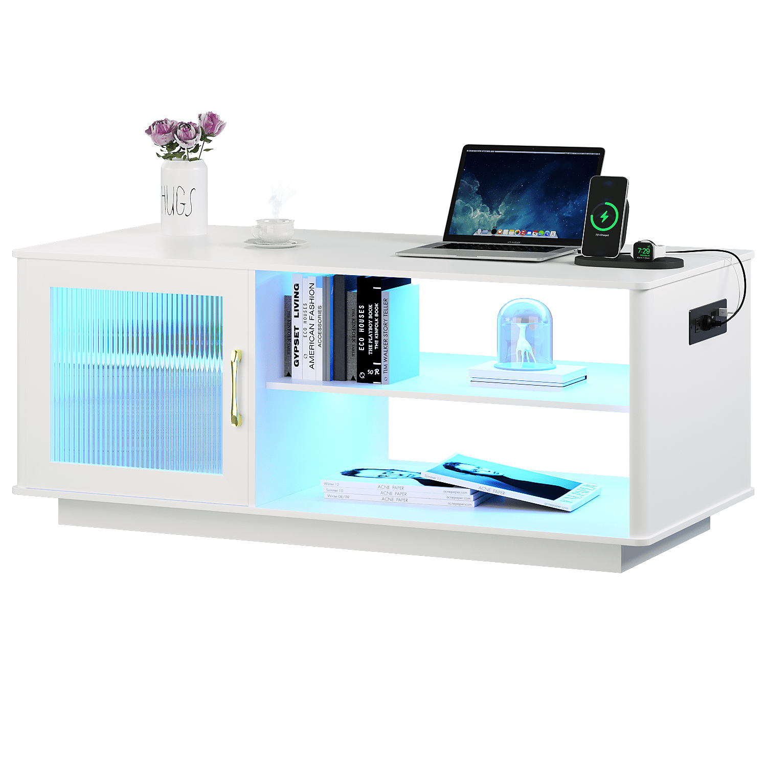 LED Coffee table with locker, open display stand, modern center table ...