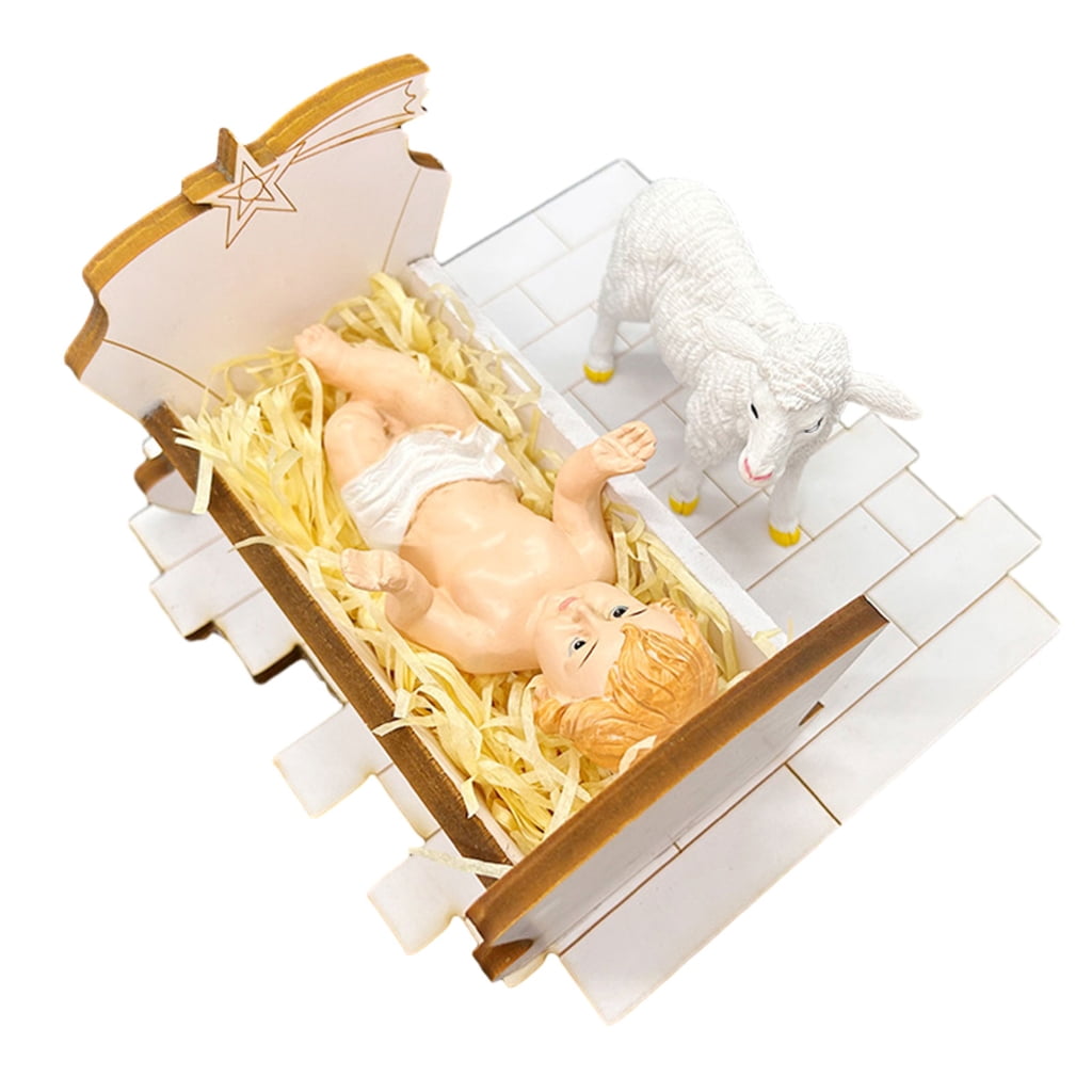 LED Colored Lights Christmas Manger and Sheep Carved Decorations ...
