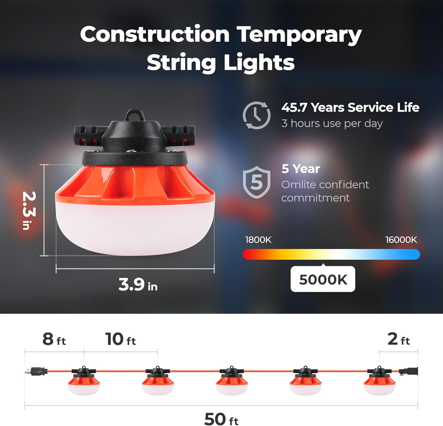 LED Construction String Lights: 50w ETL Certified Industrial LED String ...