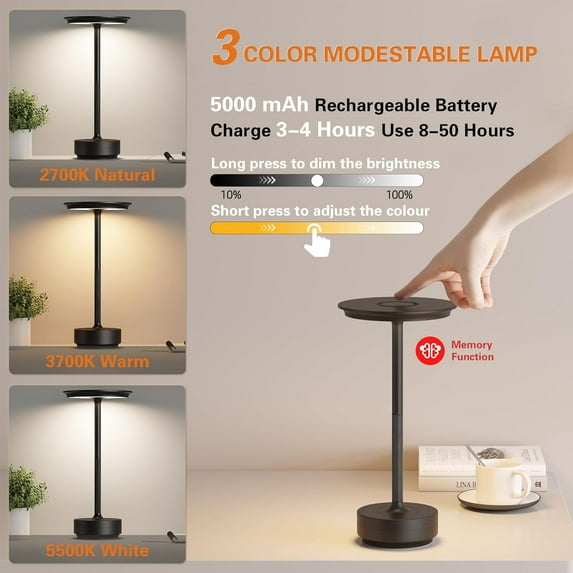 LED Cordless Table Lamp Set of 2, Rechargeable Battery Operated 3 ...