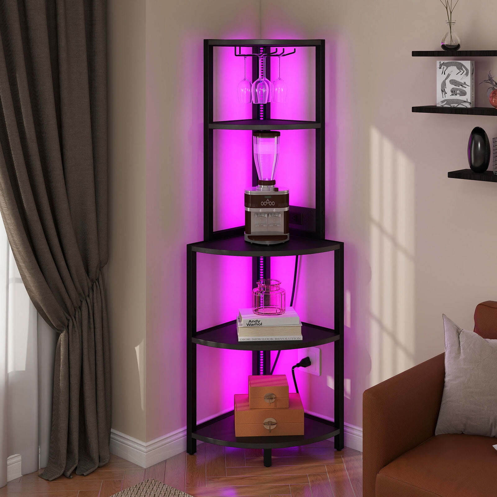 LED Corner Shelf 5 Tier Corner Bookshelf Bookcase with Power Outlets ...
