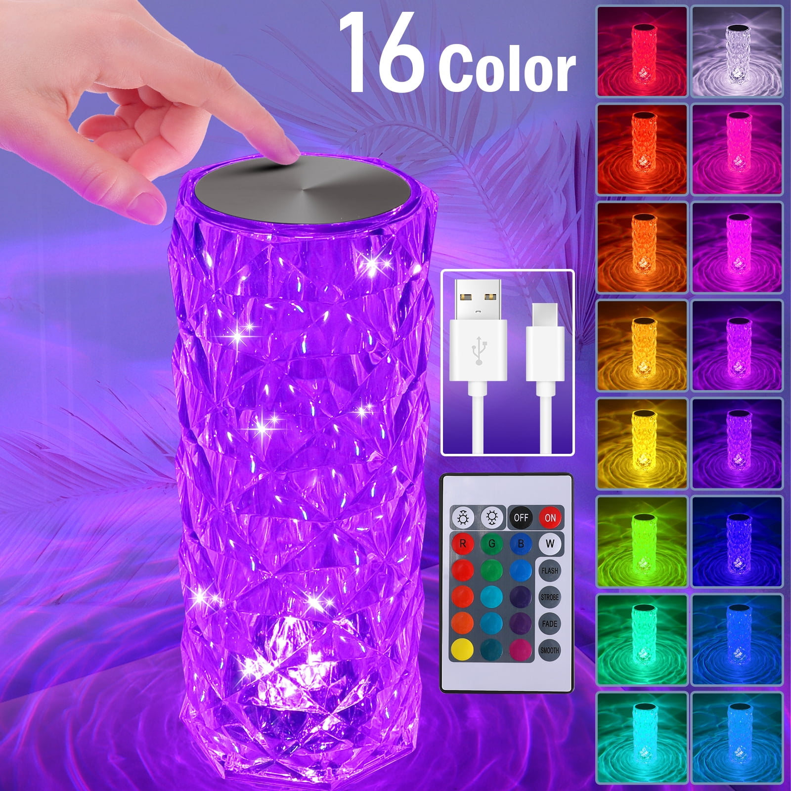 LED Crystal Table Lamp Diamond Rose Night Light Touch Atmosphere ...