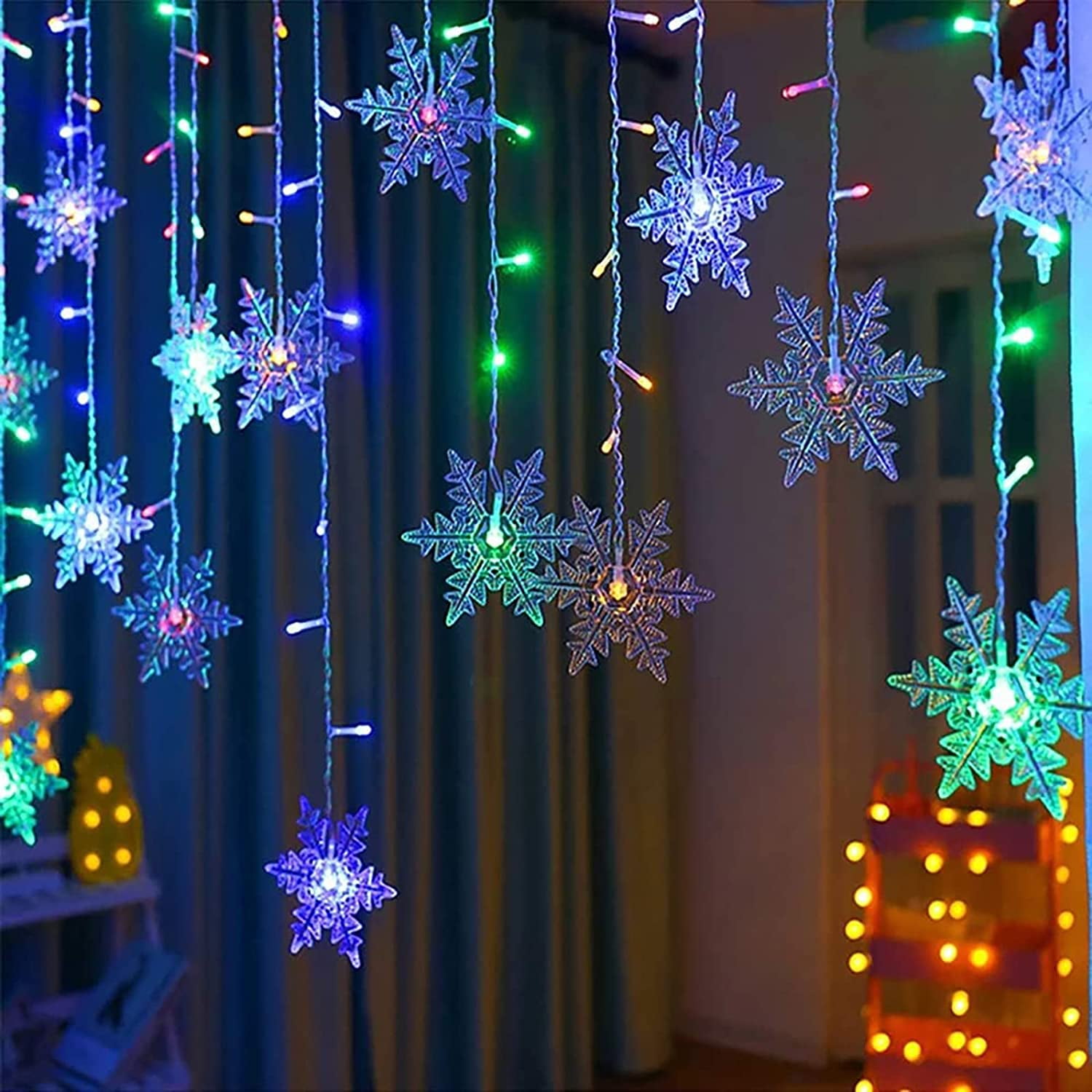 LED Curtain Lights,3.5M 96 LED Snowflake Curtain String Lights Plug-in ...