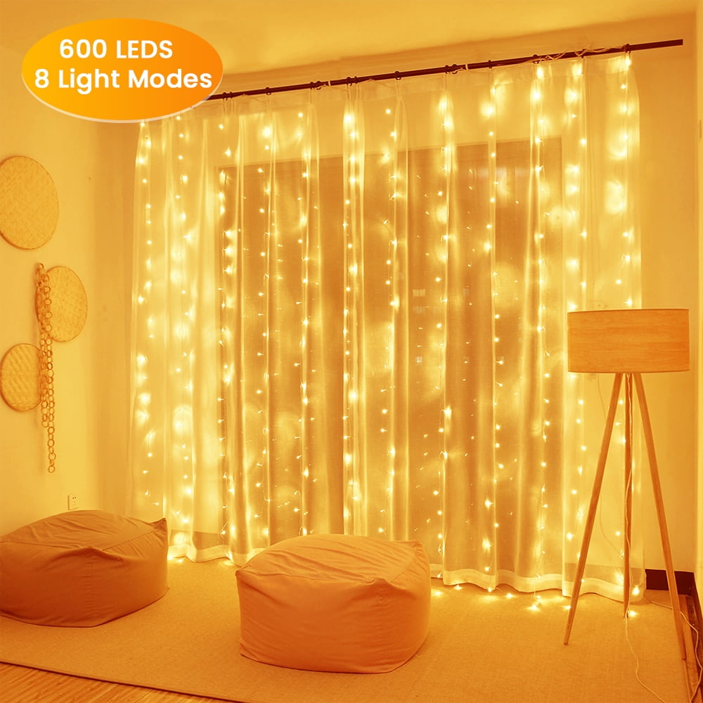 LED Curtain Lights, 600 LED Fairy Lights 19.7ftX9.8ft 8 Modes Twinkle ...