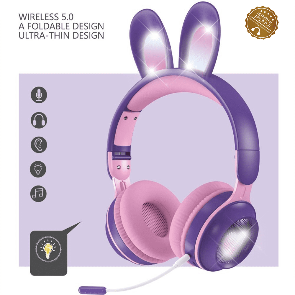 LED Cute Rabbit Ear Wireless Headphones With Mic ii Gaming Bluetooth ...