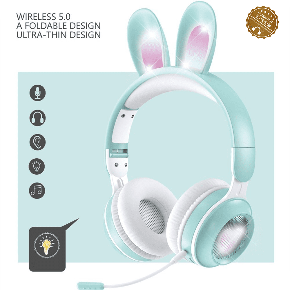 LED Cute Rabbit Ear Wireless Headphones With Mic ii Gaming Bluetooth ...