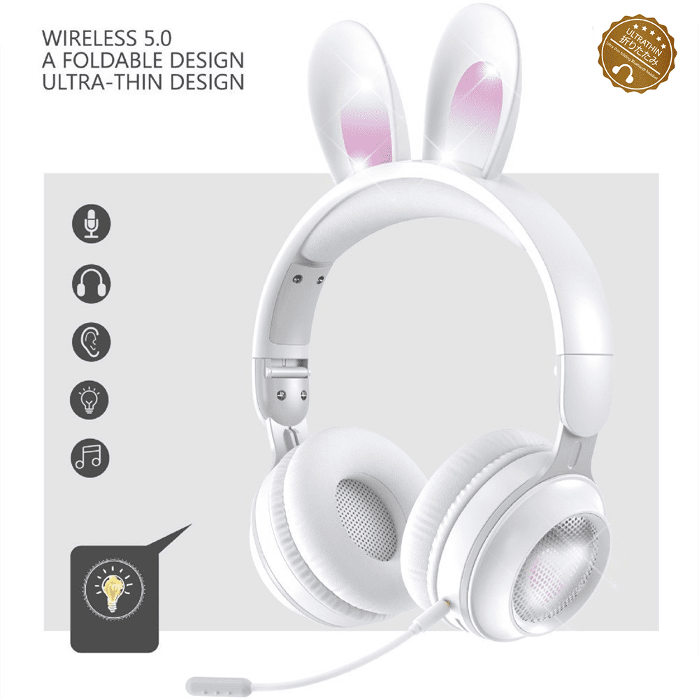 LED Cute Rabbit Ear Wireless Headphones With Mic ii Gaming Bluetooth ...