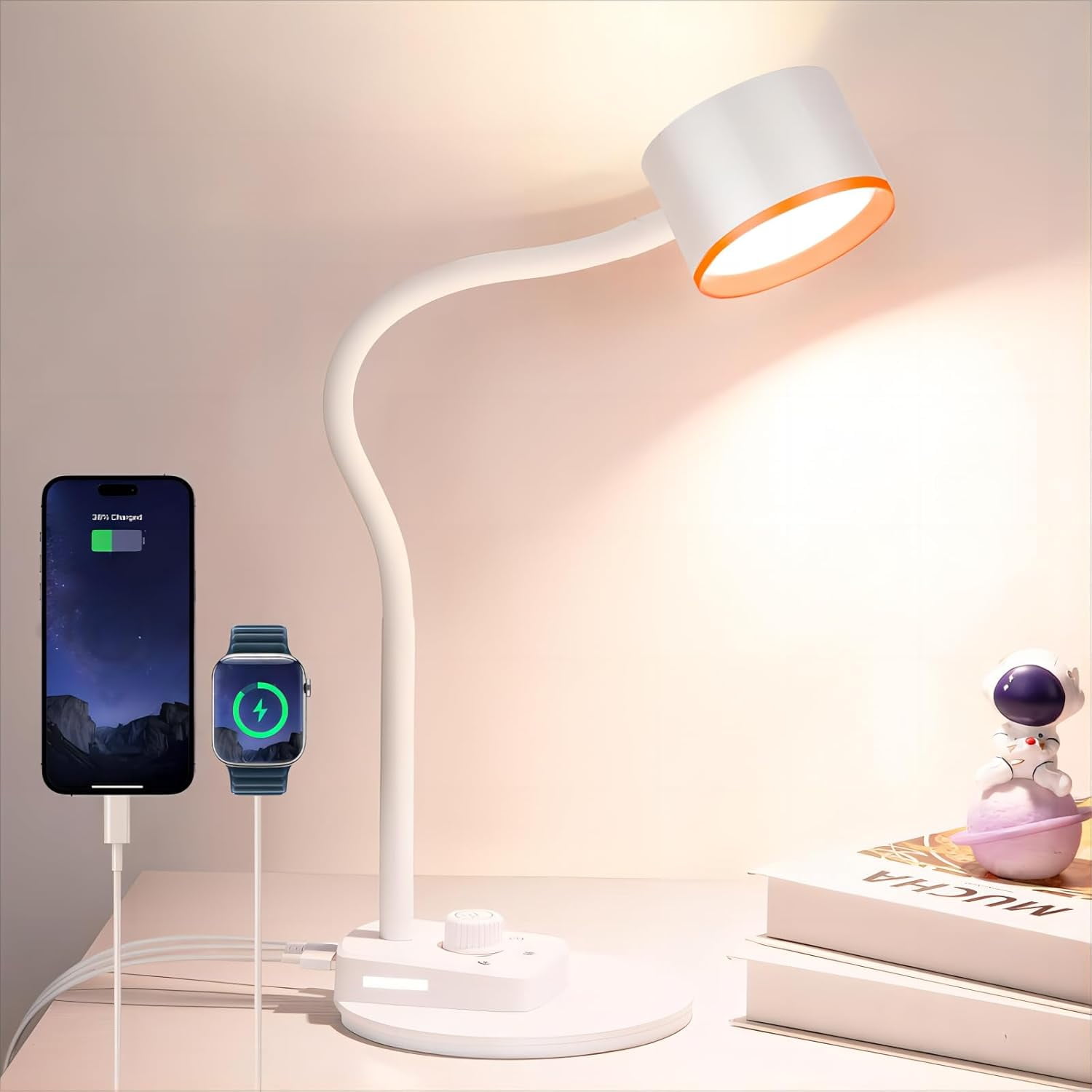 LED Desk Lamp, 1200LM for Home Office, Fully Dimmable Bedside Reading Lamp with USB C + A ...