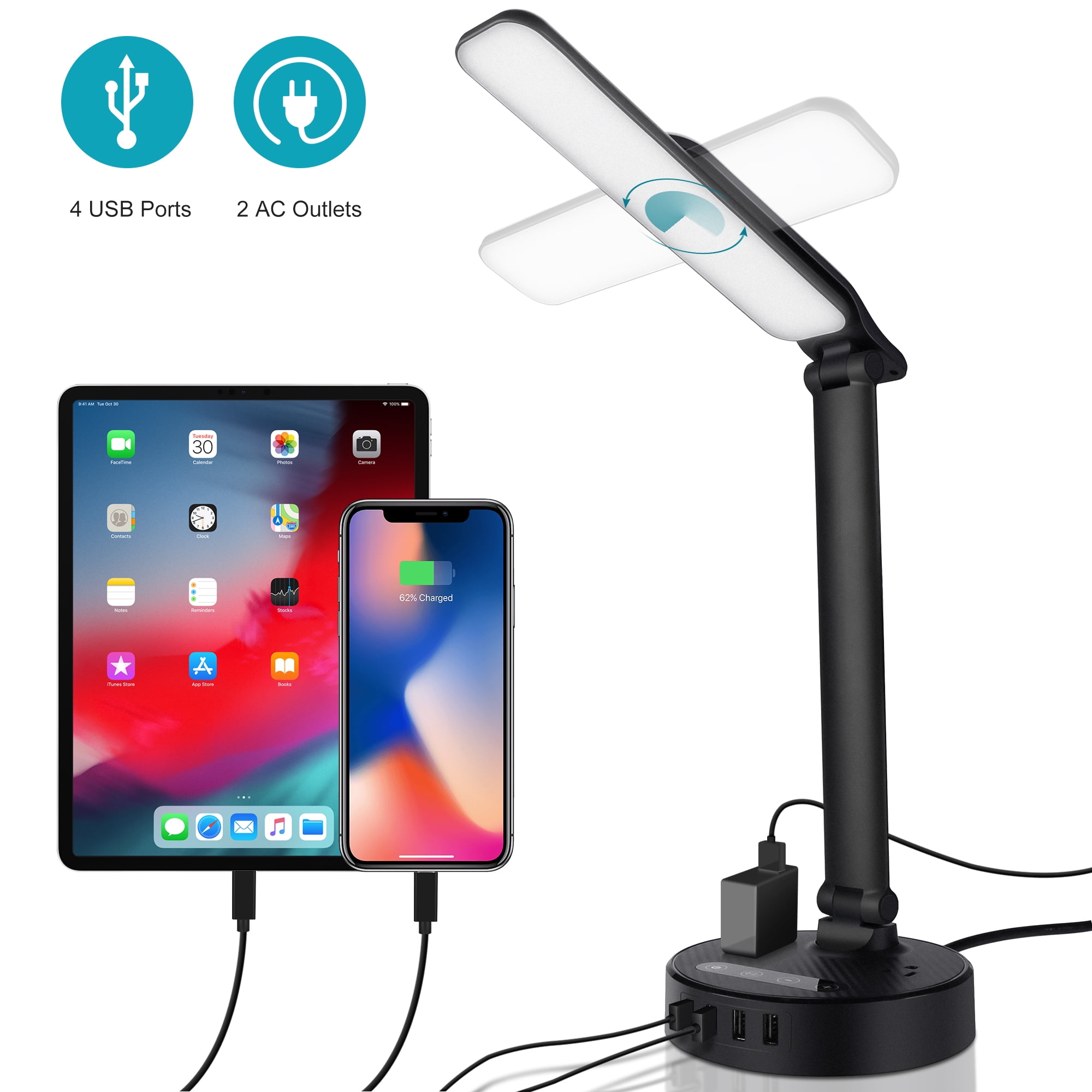 LED Desk Lamp with 4 USB Ports, 2 AC Outlets, 180° Rotatable, 3 Modes ...