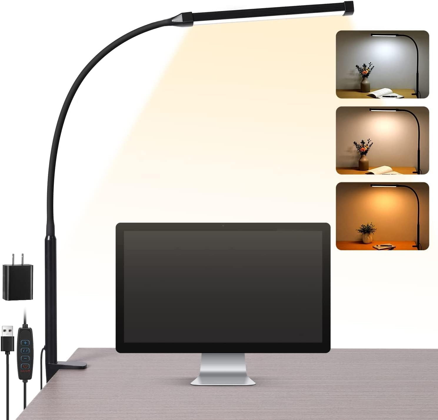 LED Desk Lamp with Clamp, Eye-Caring Clip on Lights for Home Office, 3 ...