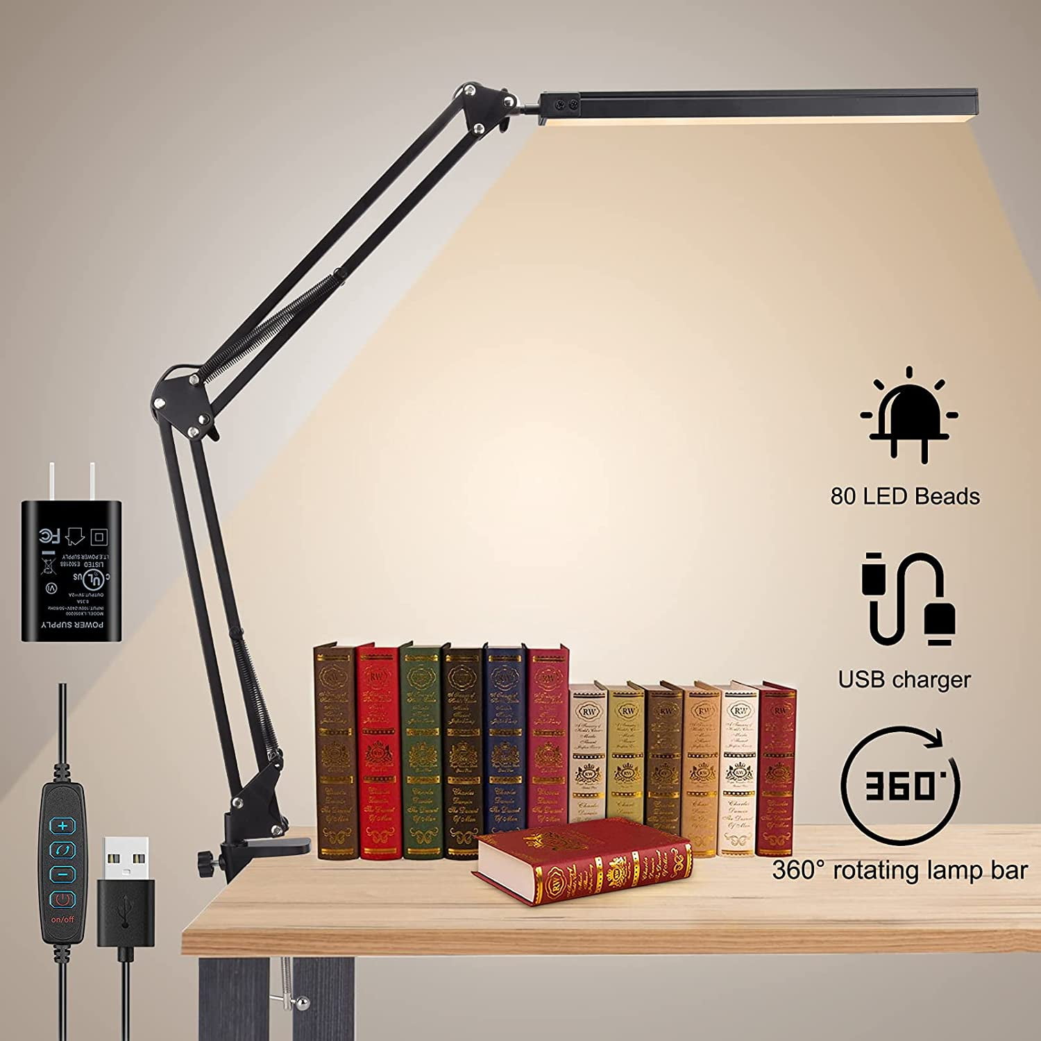 LED Desk Lamp with Clamp, Metal Swing Arm Lamp with Clamp, Dimmable ...