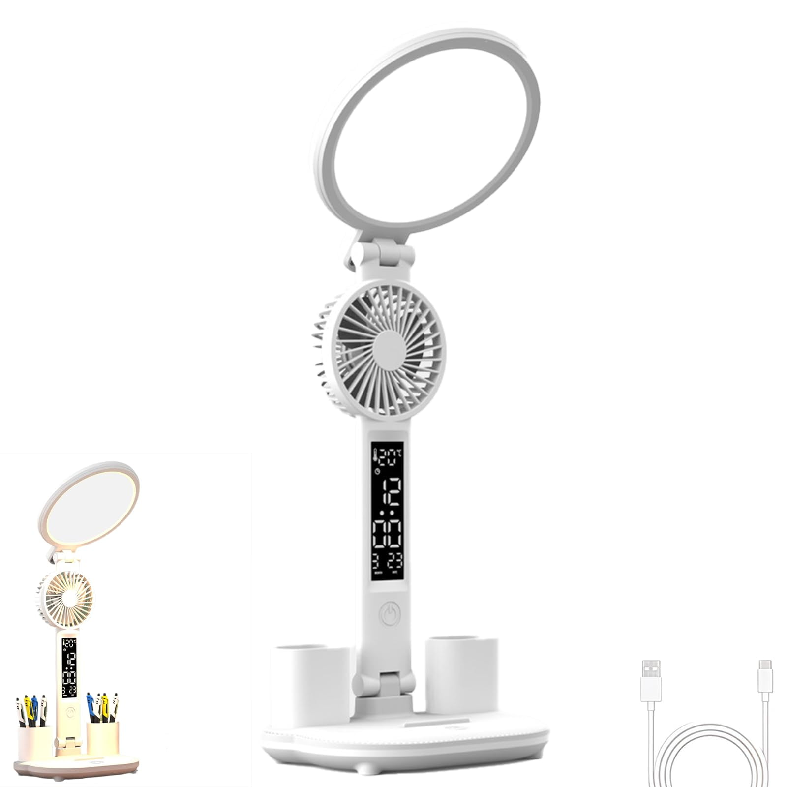 LED Desk Lamp Fan Clock 3200mah RechargeableUSB Led Display Time ...