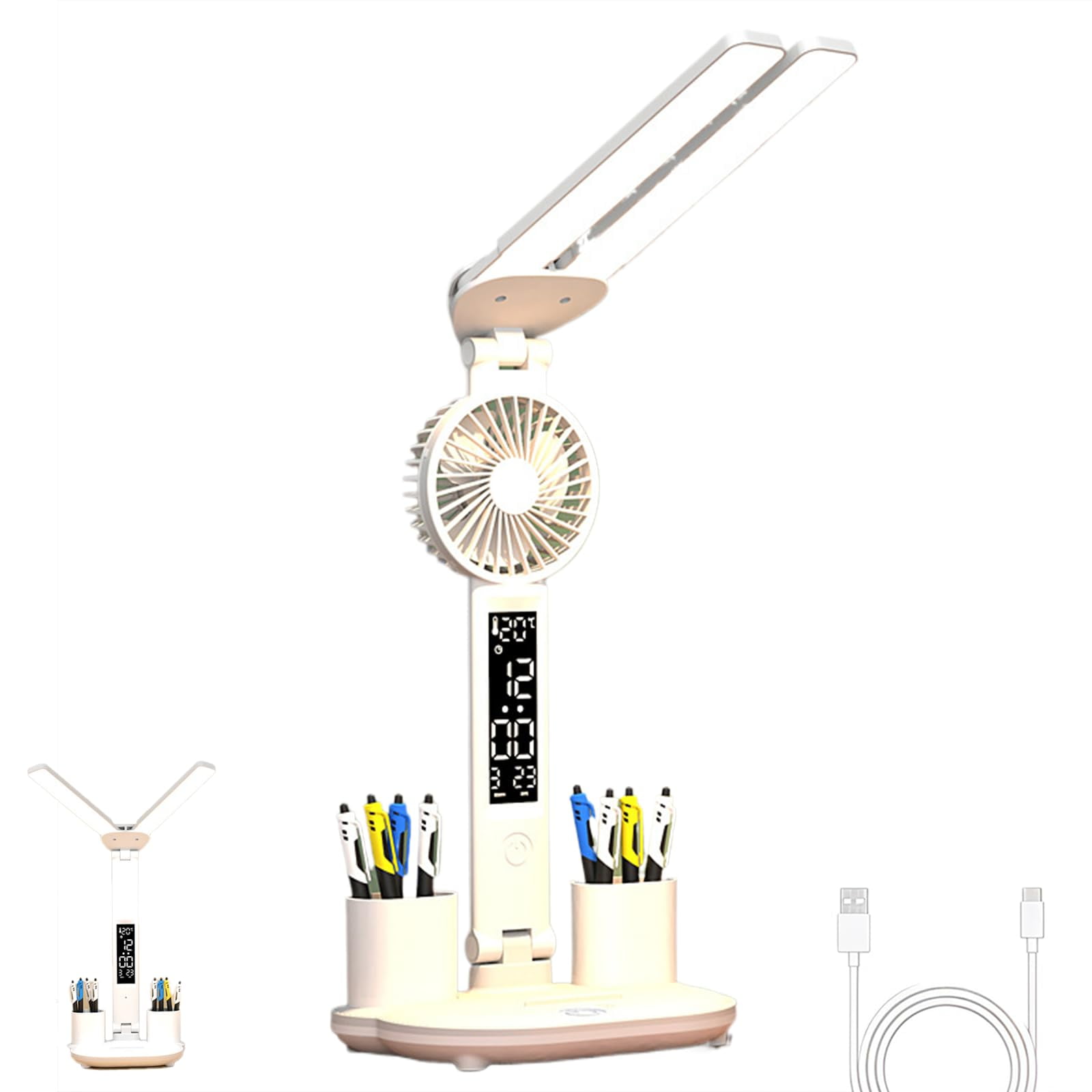 LED Desk Lamp Fan Clock 3200mah RechargeableUSB Led Display Time ...