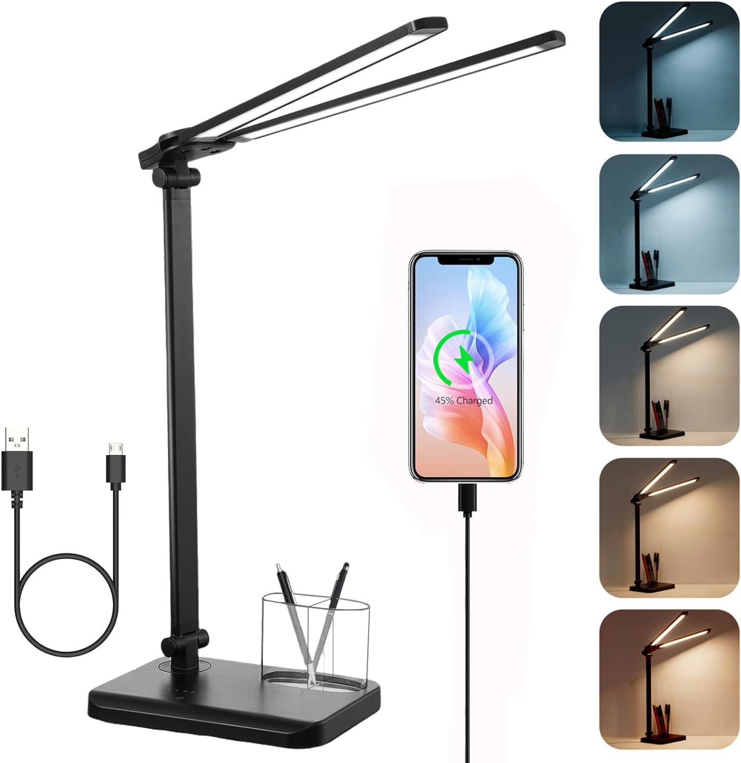 LED Desk Lamp for Home Office - Dual Swing Arm Desk Light with USB ...