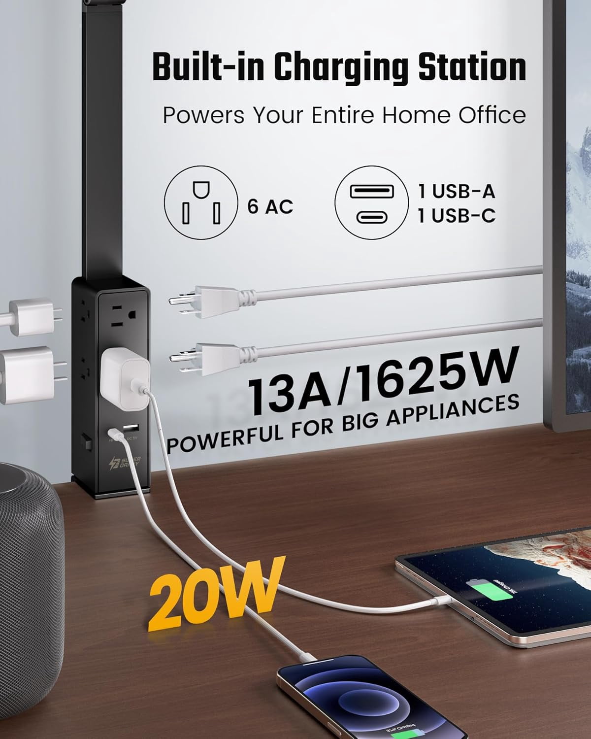 LED Desk Lamp with Power Strip (6 Outlets, 1 USB, 1 Type-C) for Home ...