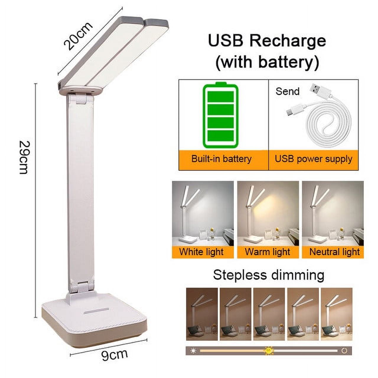 LED Desk Lamp USB Rechargeable Table Lamp 3 Levels Dimmable Touch Desk ...