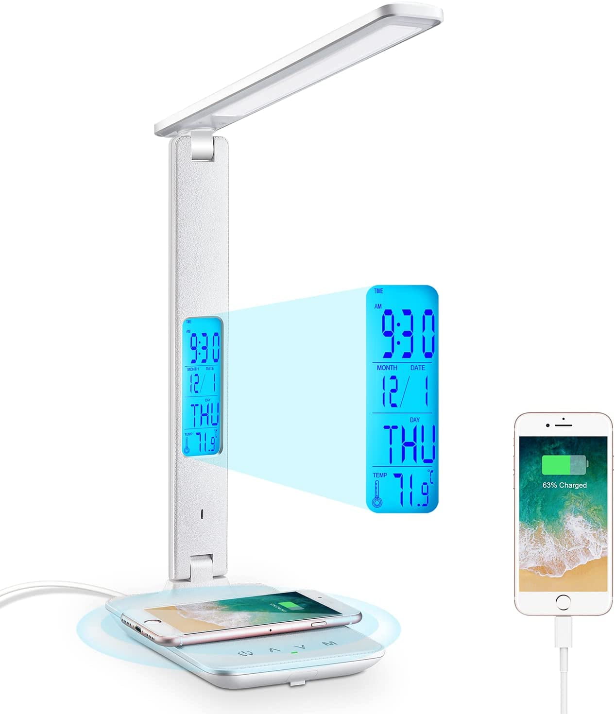 LED Desk Lamp with Wireless Charger, USB, Clock, Alarm, Date, Temp, 5 ...
