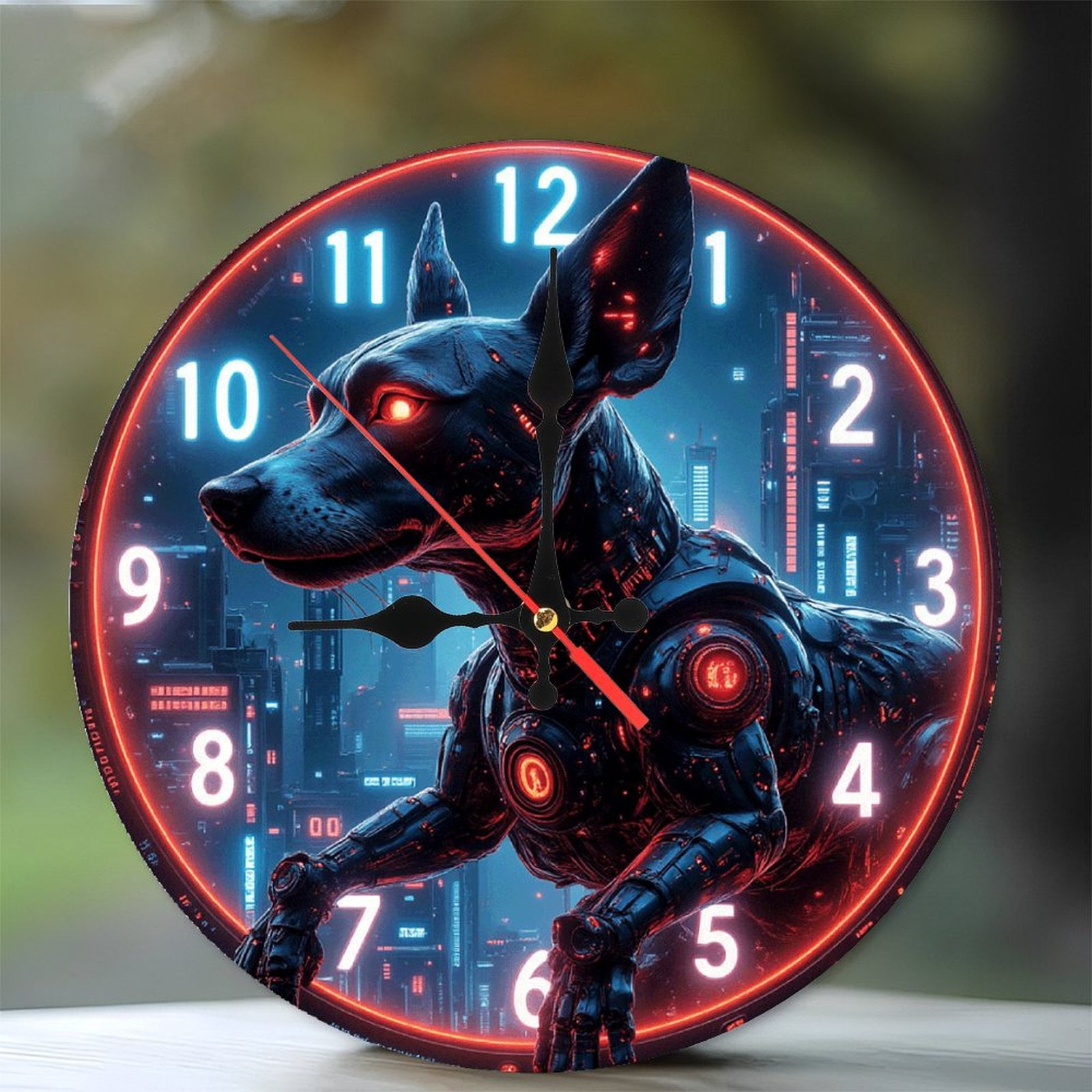 LED Digital Clock Dog Robot Cyberpunk Theme 10-Inch Silent Wooden Wall ...