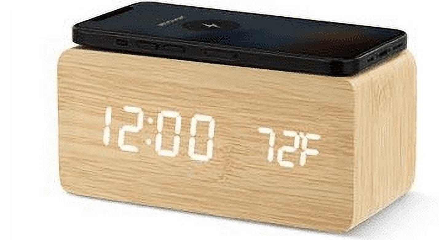 Linsar LED Display Digital Wireless Alarm Clock, Wooden Design, Qi ...