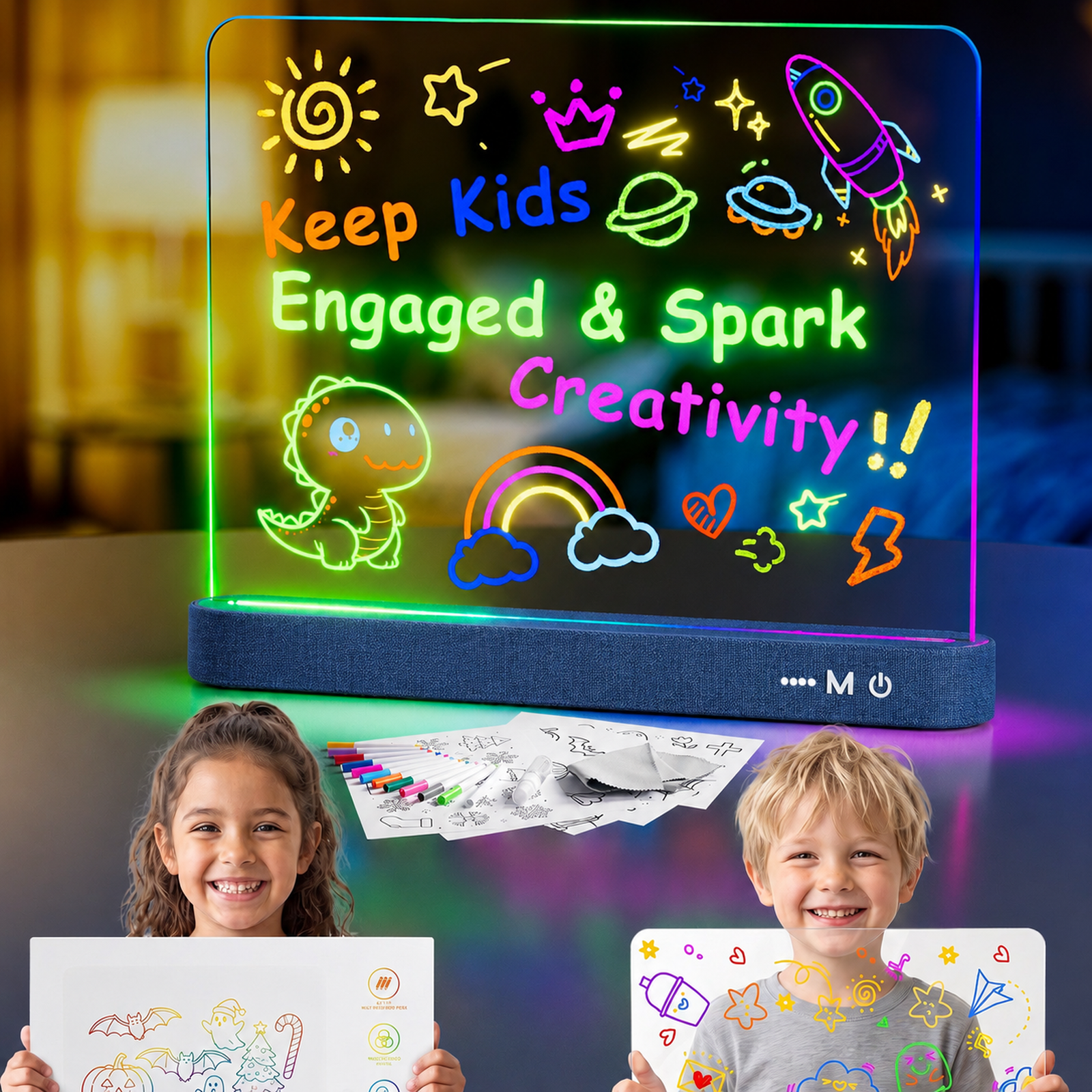 LED Drawing Board with 12 Light Effects & 12 Markers, 16'' Rechargeable ...