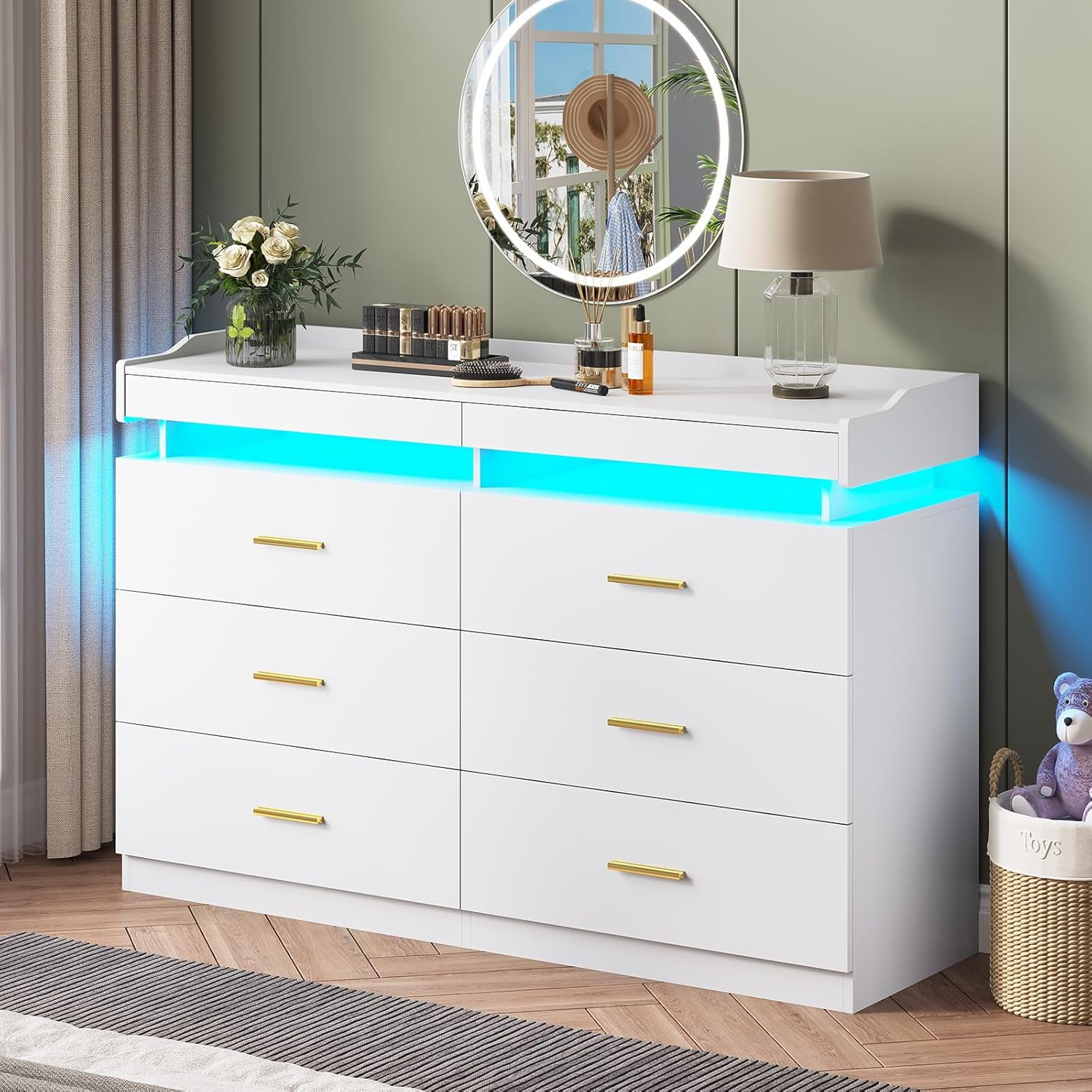 LED Dresser with 2 Pull-Out Tray, 6 Drawer Dresser, 47.2" Long Wide ...