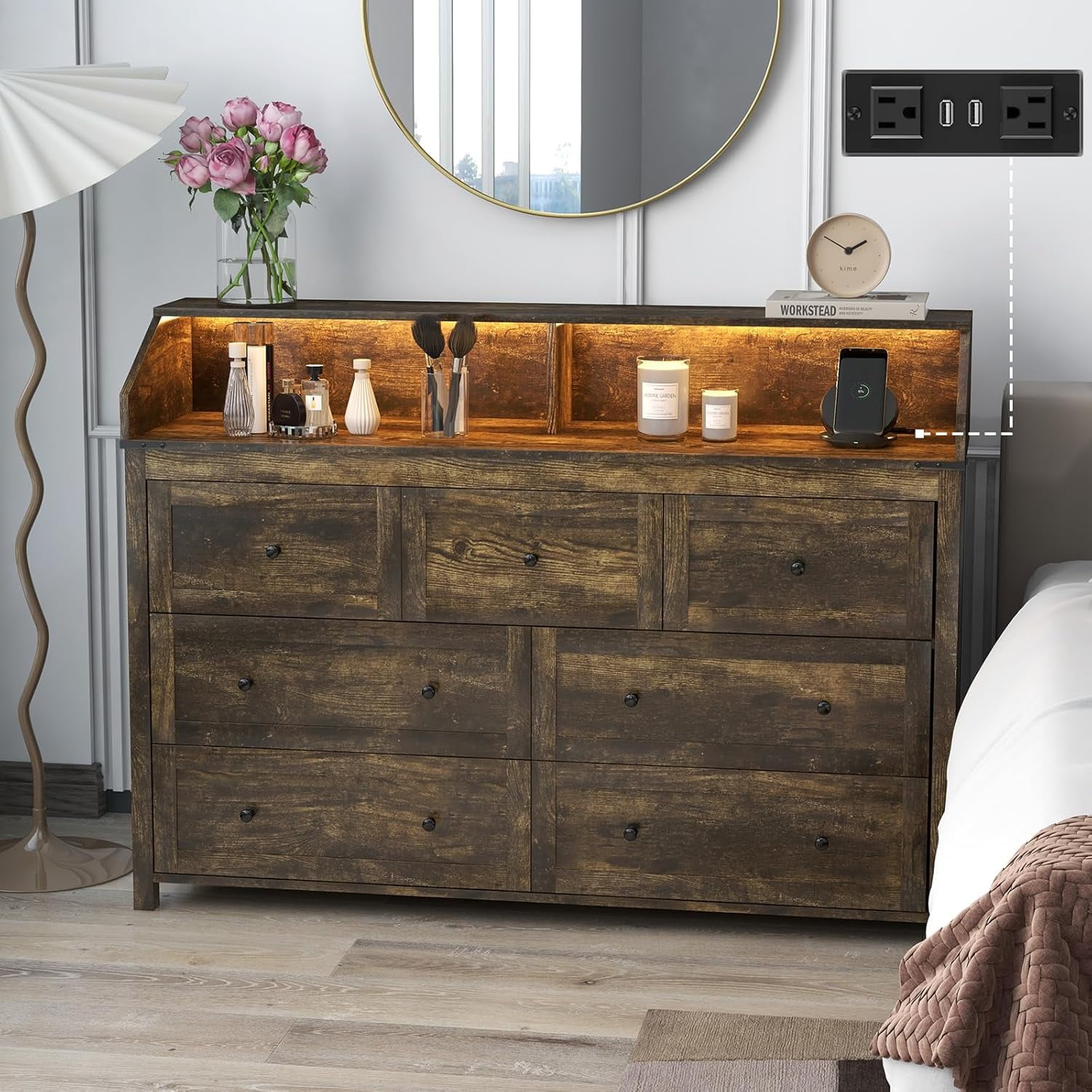LED Dresser with Charging Station 7 Drawer Dresser for Bedroom Chest of ...