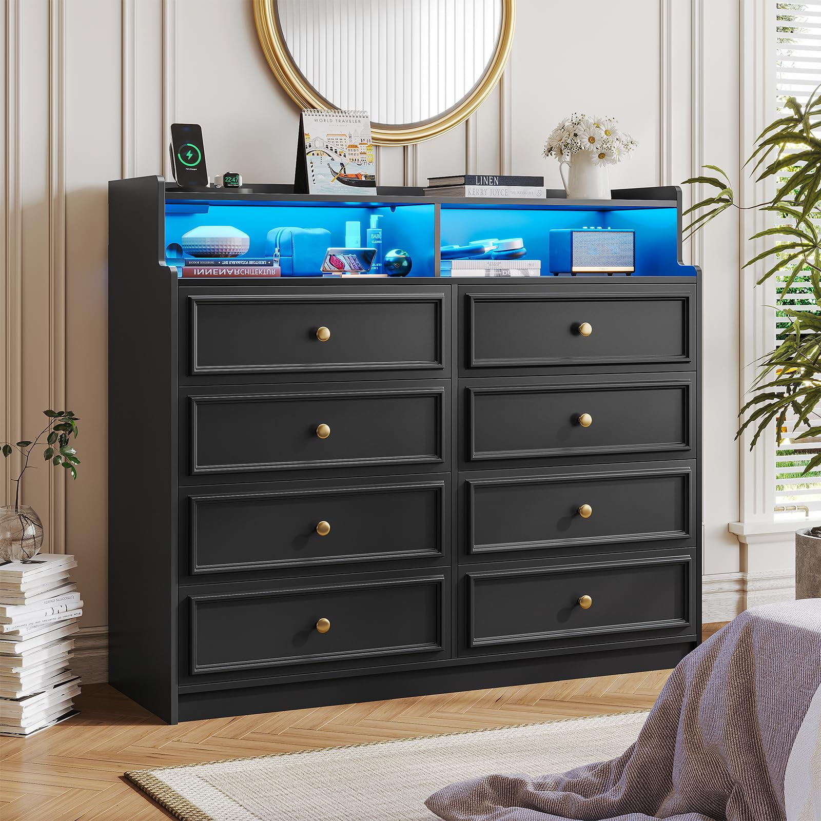 LED Dresser with Charging Station&LED Lights, 8 Drawers Dresser Chest ...