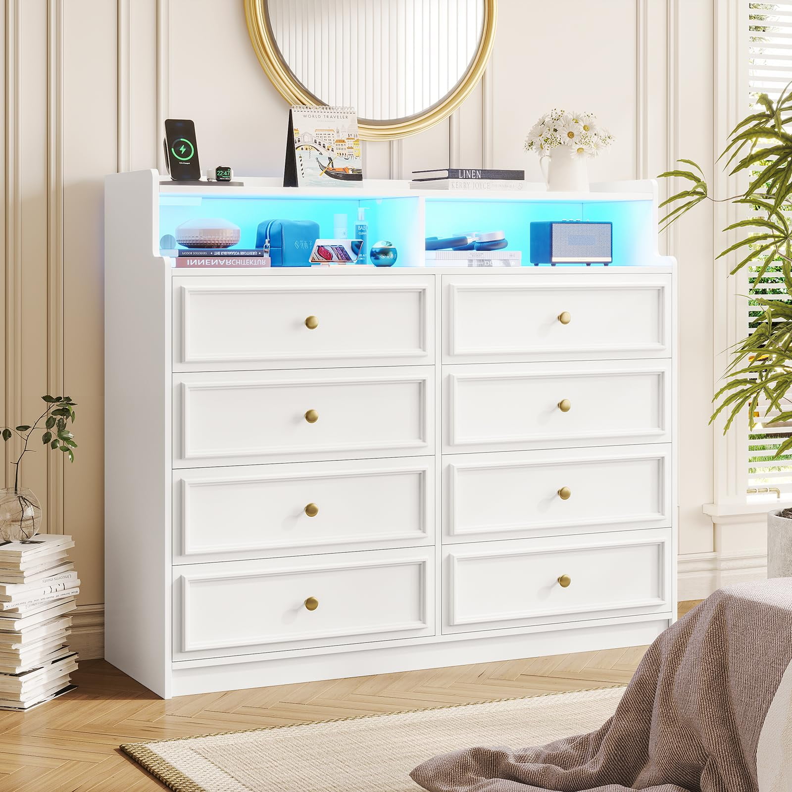 LED Dresser with Charging Station&LED Lights, 8 Drawers Dresser Chest ...
