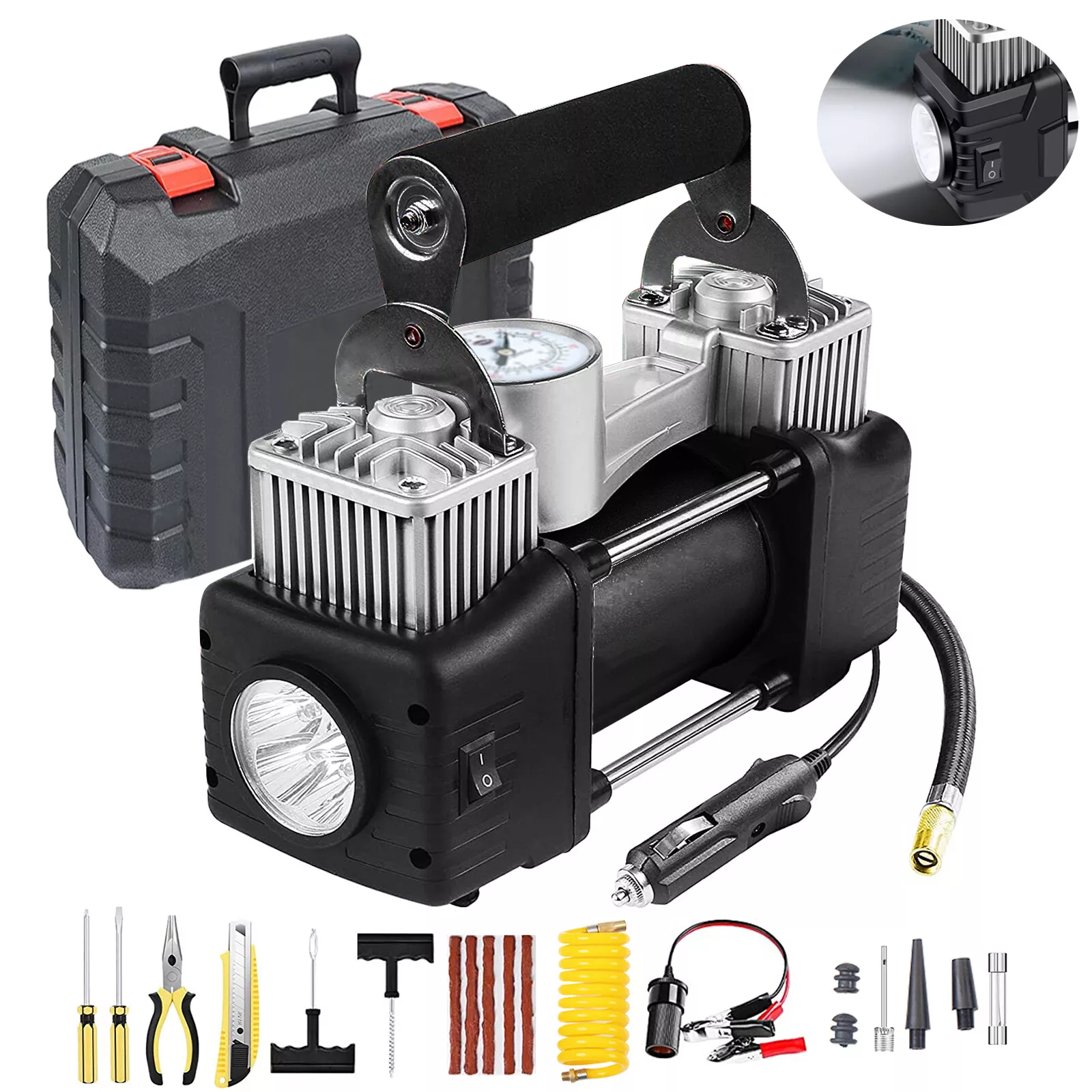 LED Dual Cylinder Air Compressor, 150PSI Tire Inflator with Toolbox Kit ...