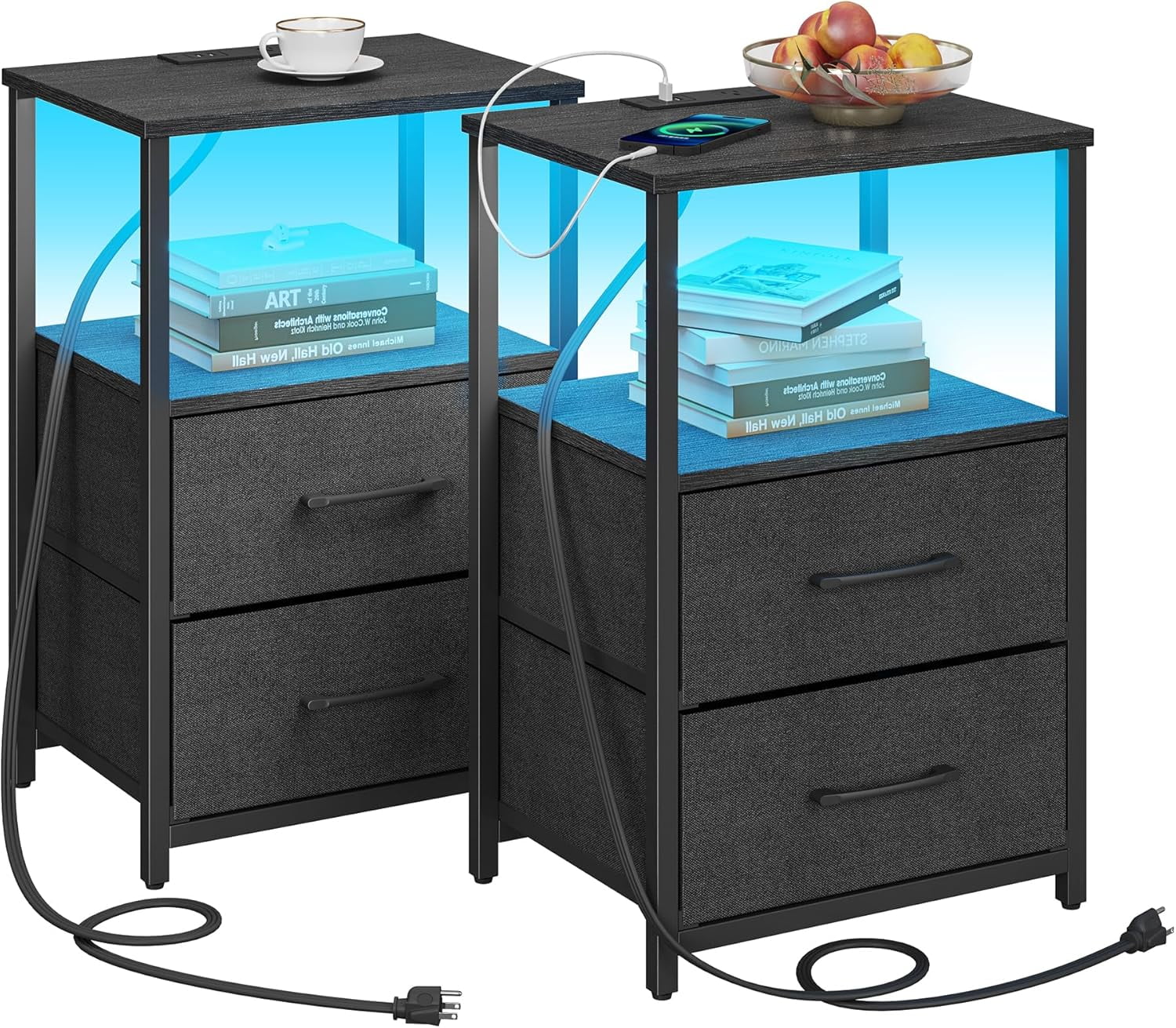 LED End Table with Charging Station, Nightstand with Cloth Drawer, Side ...