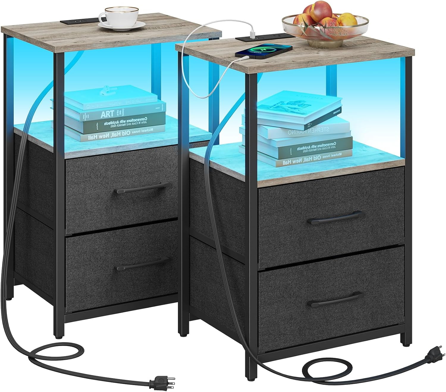 LED End Table with Charging Station, Nightstand with Cloth Drawer, Side ...