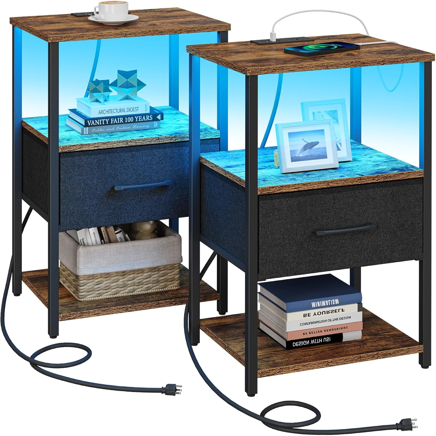 LED End Table, Side Table with Charging Station, Nightstand Set of 2 ...