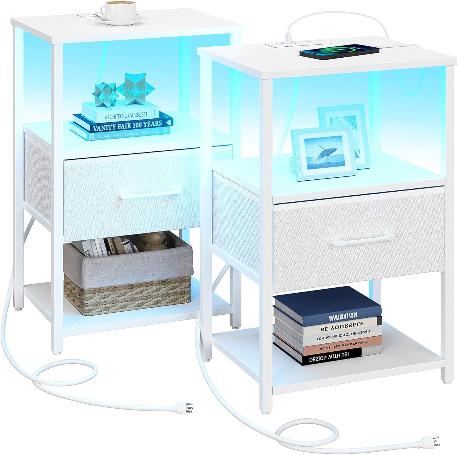 LED End Table, Side Table with Charging Station, Nightstand Set of 2 ...