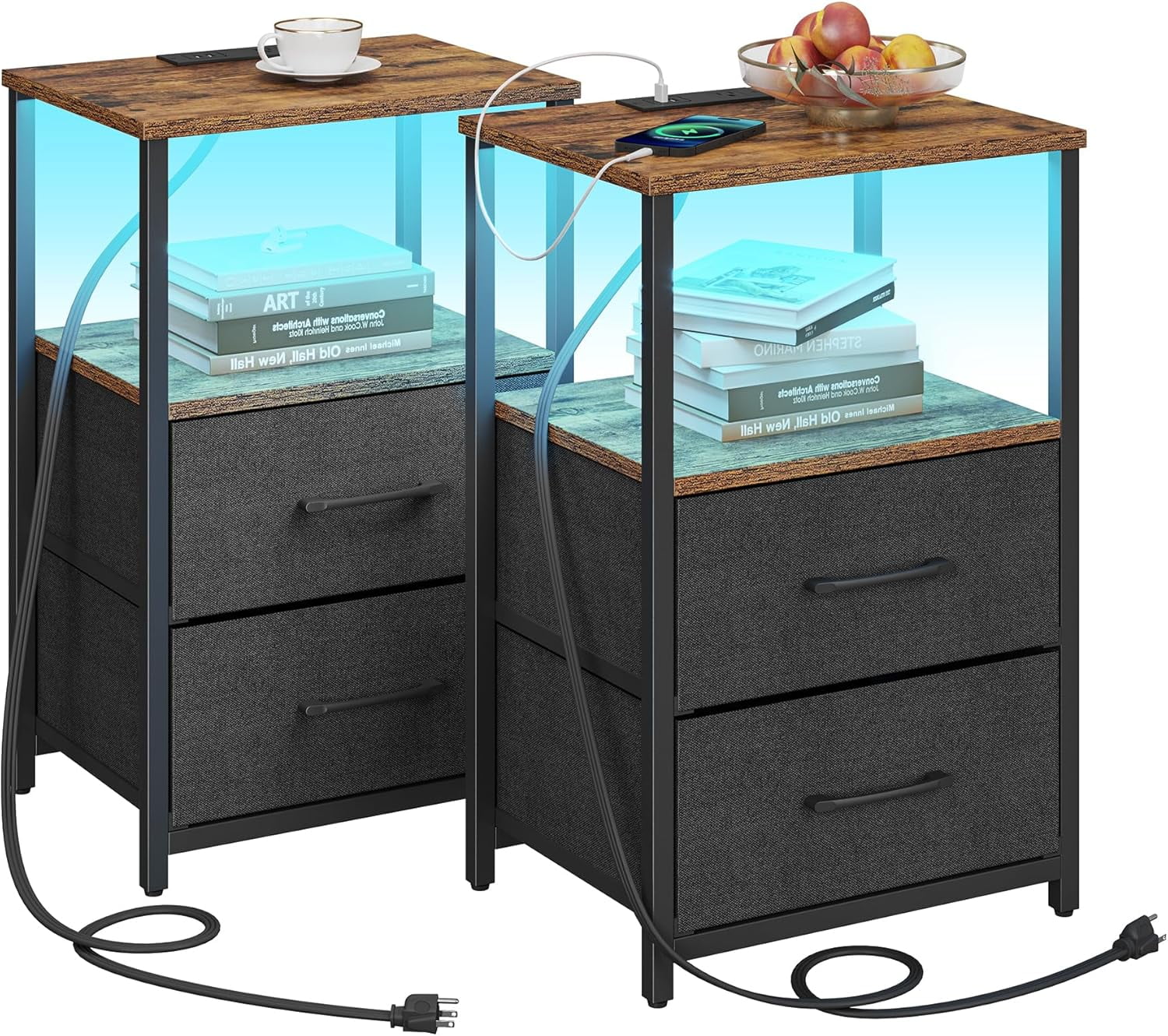 LED End Table with Charging Station, Nightstand with Cloth Drawer, Side ...