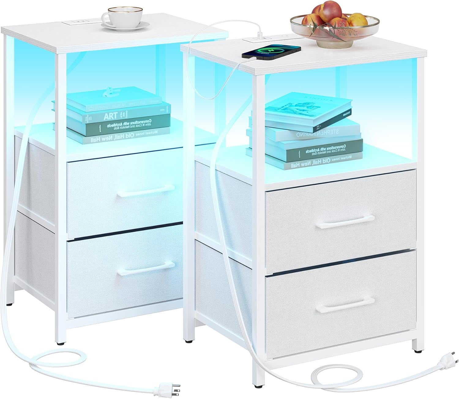 LED End Table with Charging Station, Nightstand with Cloth Drawer, Side ...