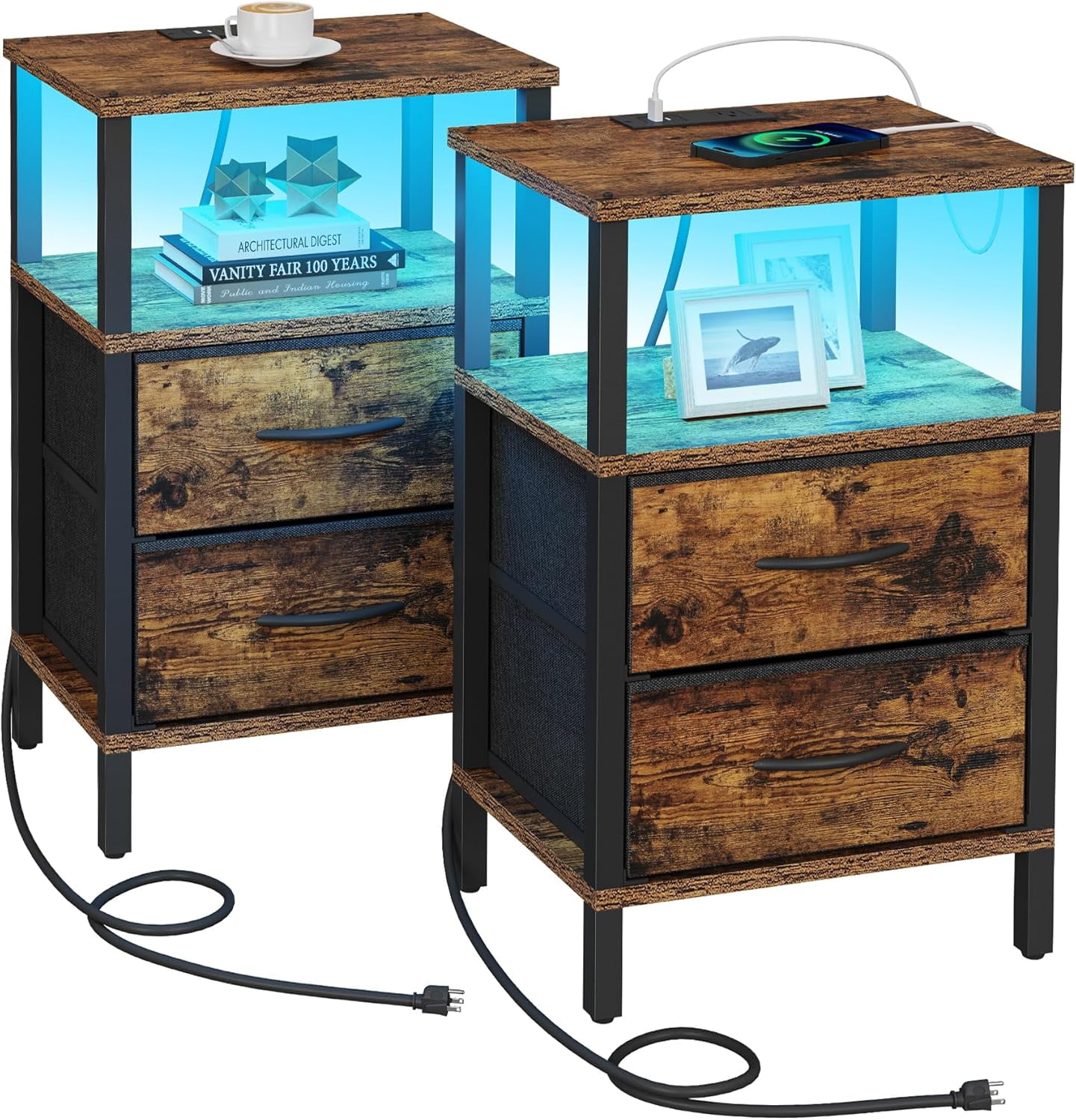 LED End Table with Charging Station, Nightstand with Cloth Drawer, Side ...